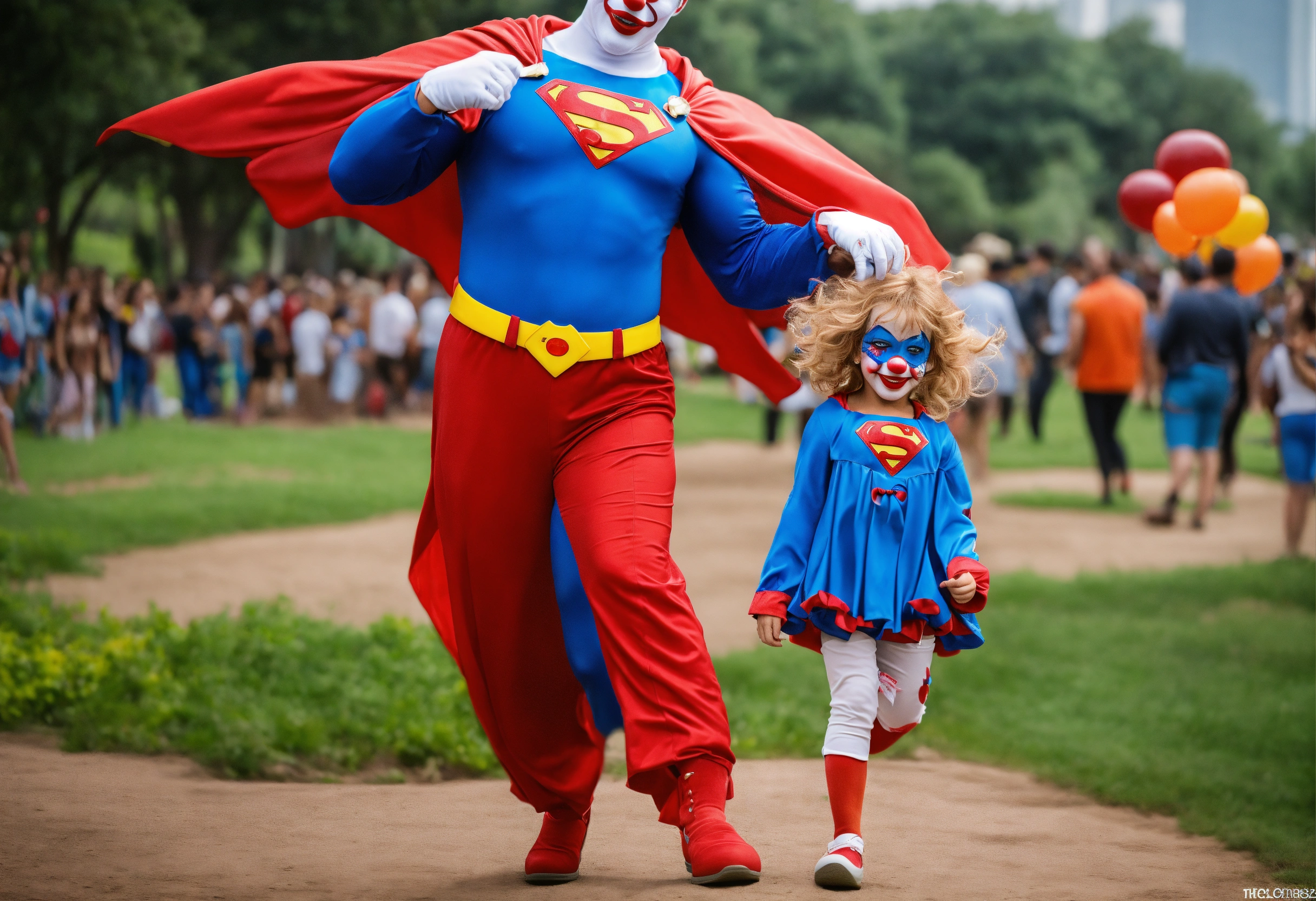 Lexica - Park super realistic clown hovering in superman costume keep girl model