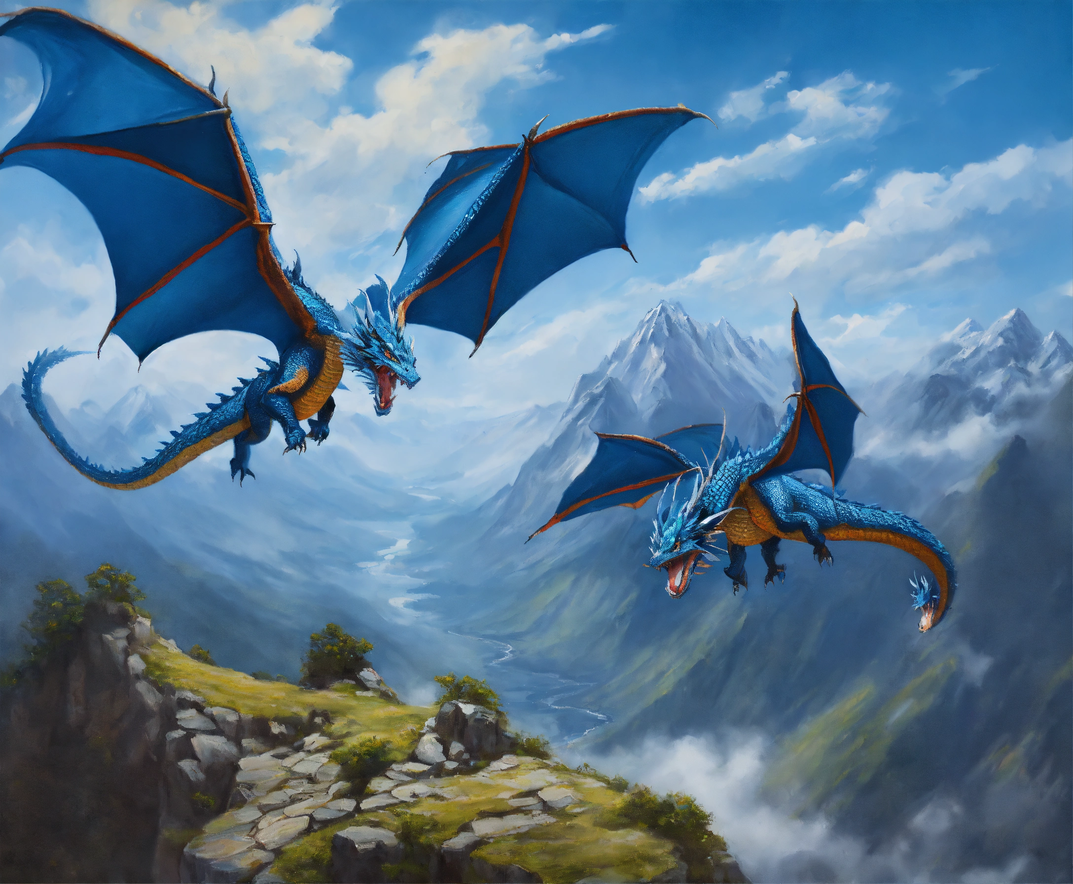 Lexica - Oil painting of two blue dragons fly in a nosedive through the sky over a high mountain ...