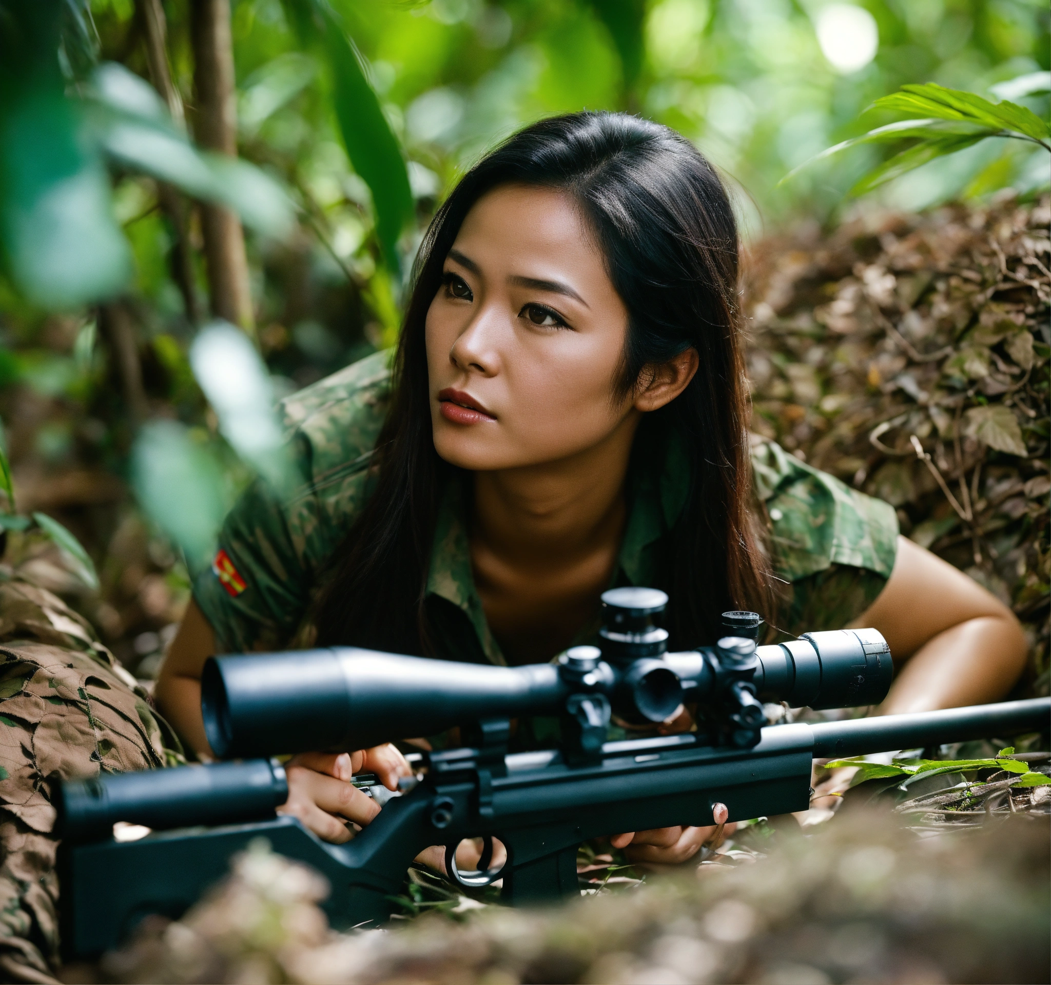 Lexica - Close-up, a beautiful female sniper lying behind the gun in ...