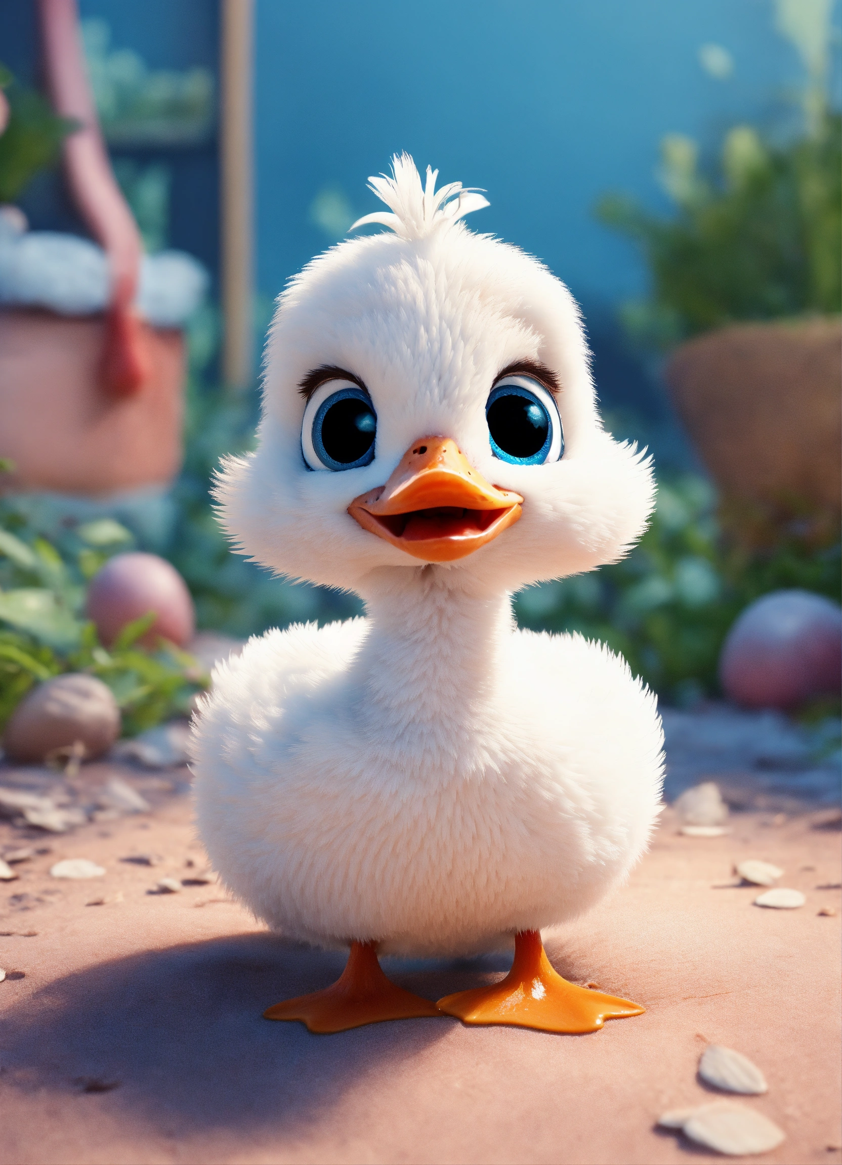 Lexica - A cute all white baby goose with big blue eyes and long long ...