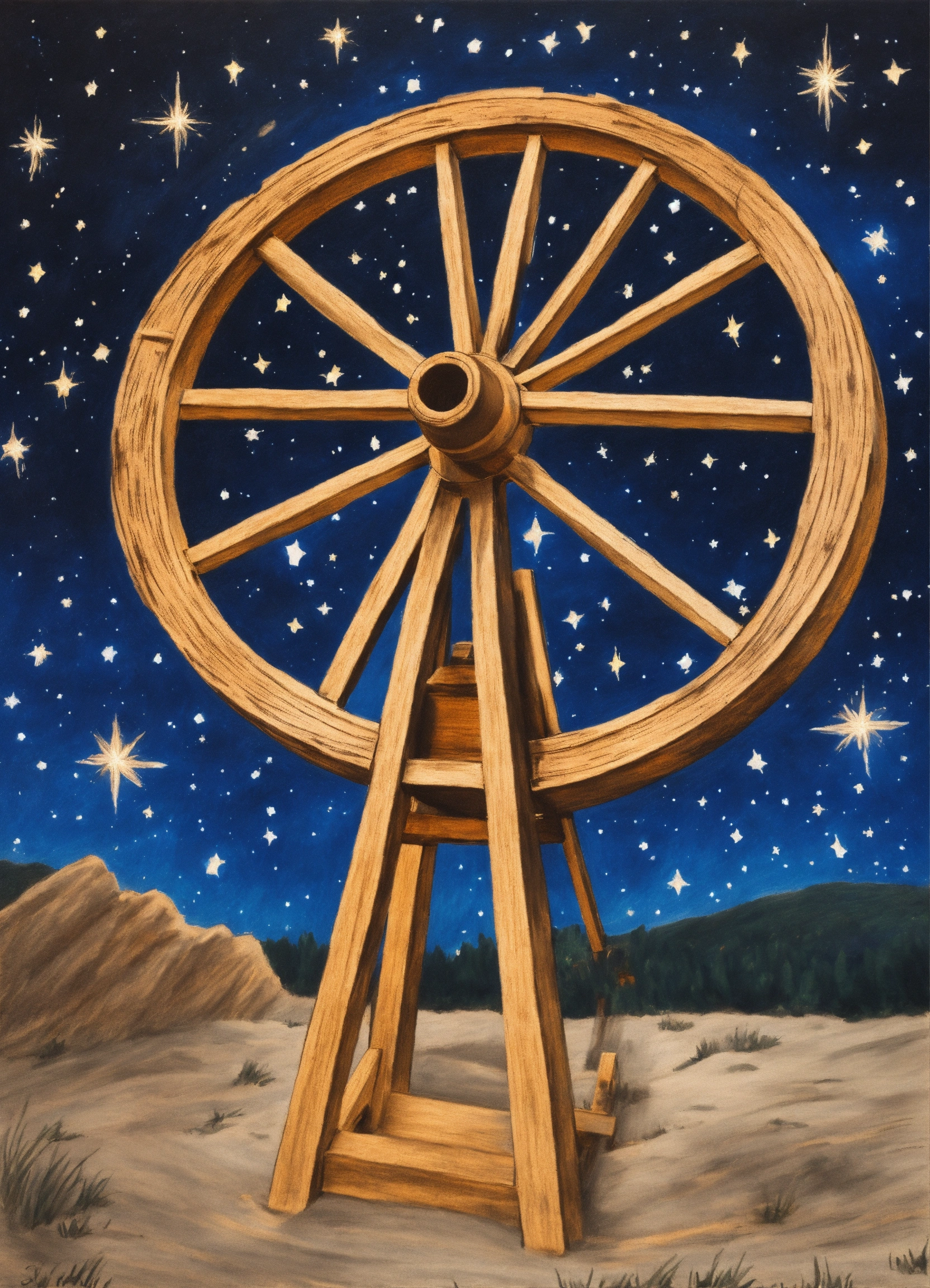 Lexica - Drawing of a wooden wheel, a stellar starry night sky