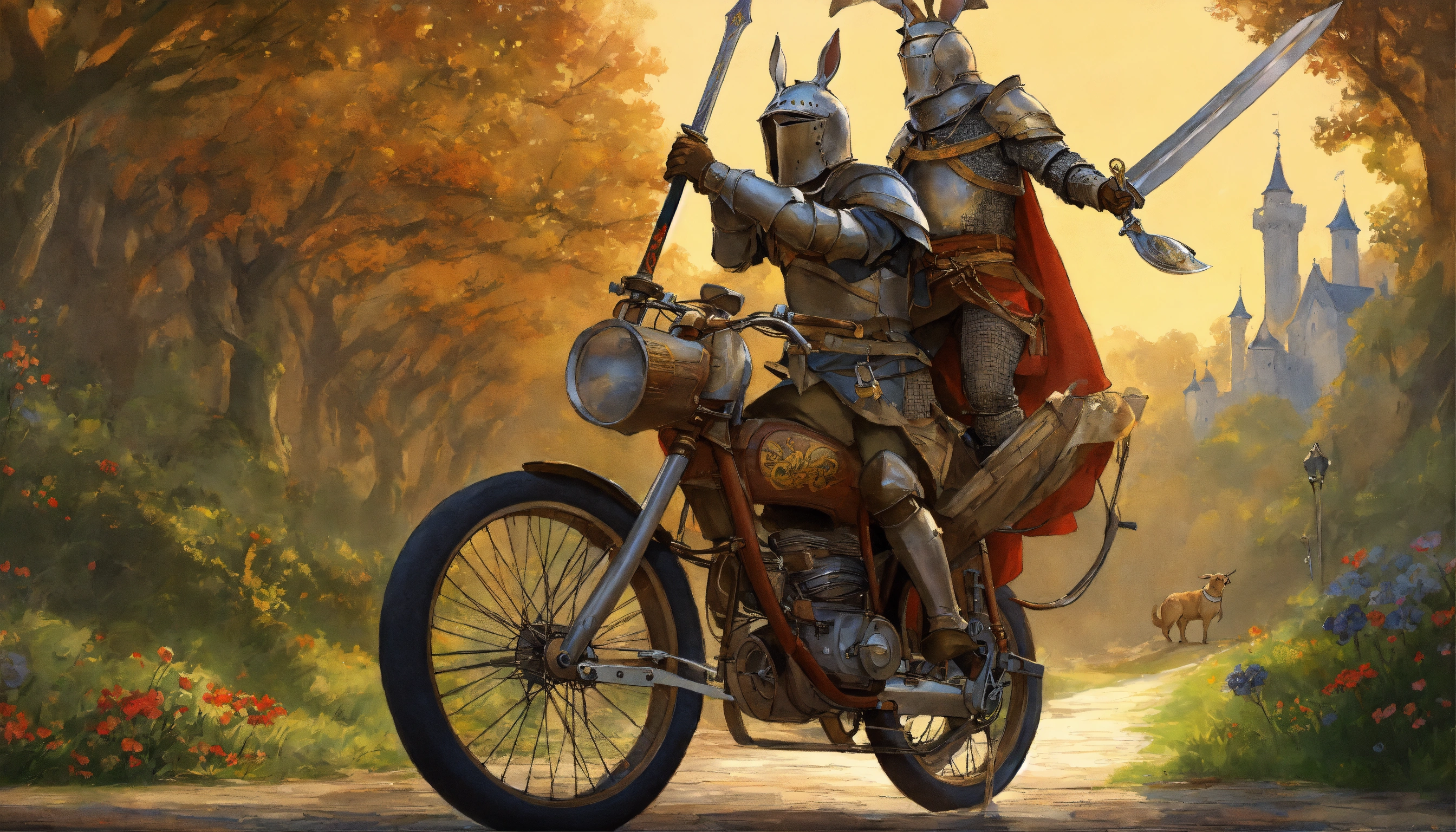 Lexica - Medieval poster of a knight riding a bike and holding a sword ...