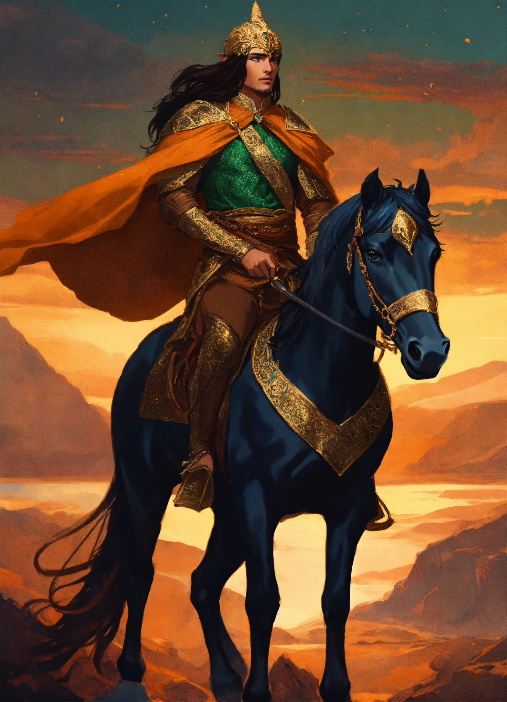 Lexica - A handsome persian elf male warrior riding large black horse ...