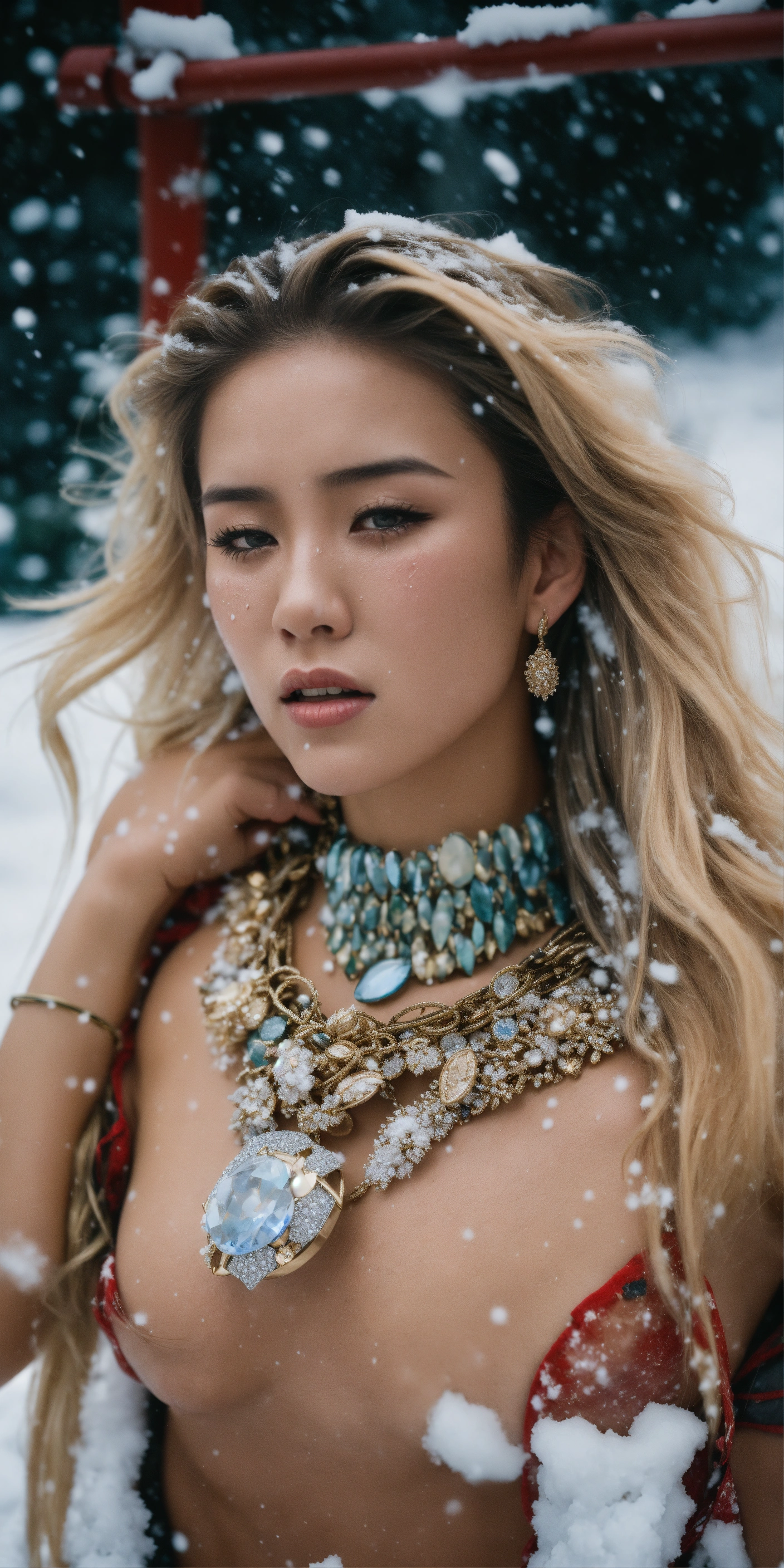 Lexica - Overhead camera angle, body in snow, full body, lying down, lots of jewelry, dead ...