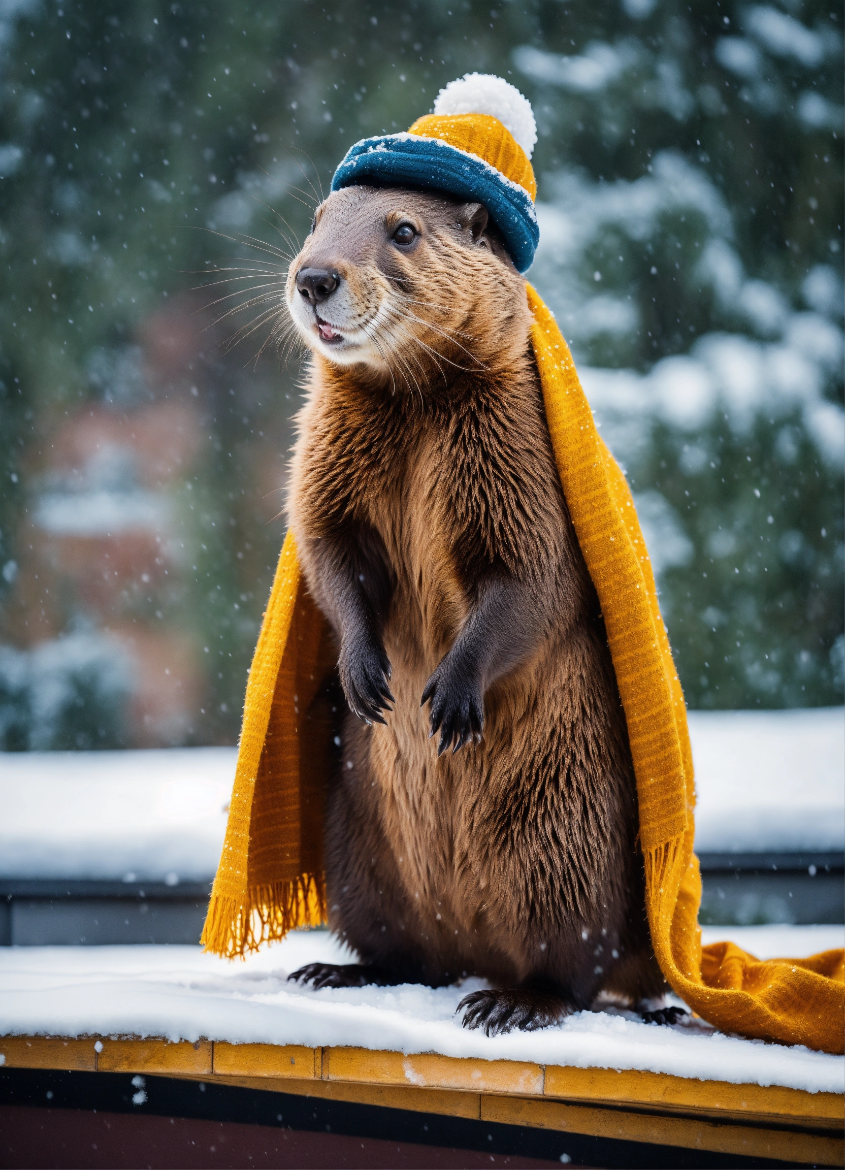 Lexica - A beaver standing on a flat roof in the snow wearing a scarf ...