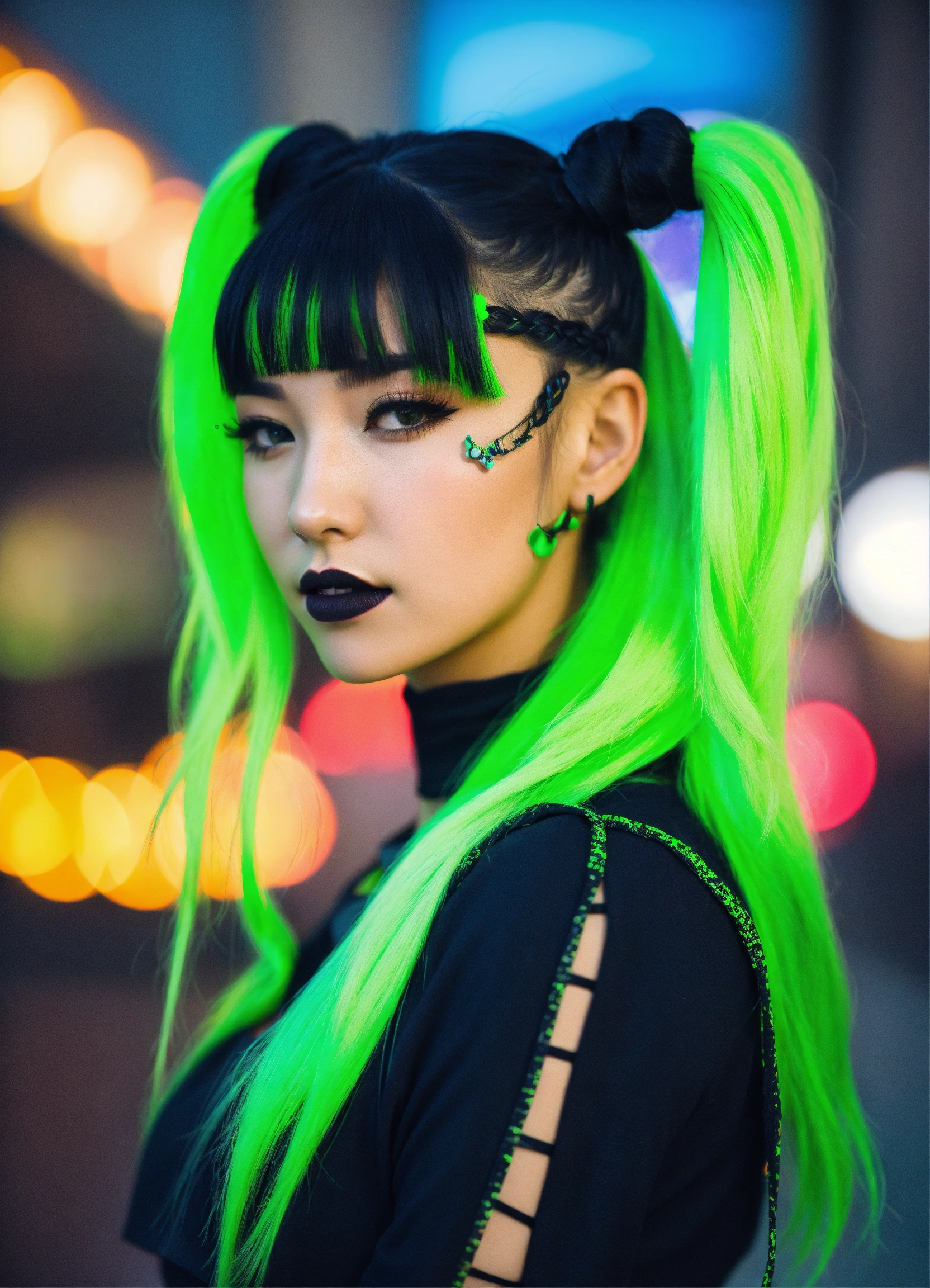 Lexica - Cute woman with black hair and neon green highlights in a twin ...