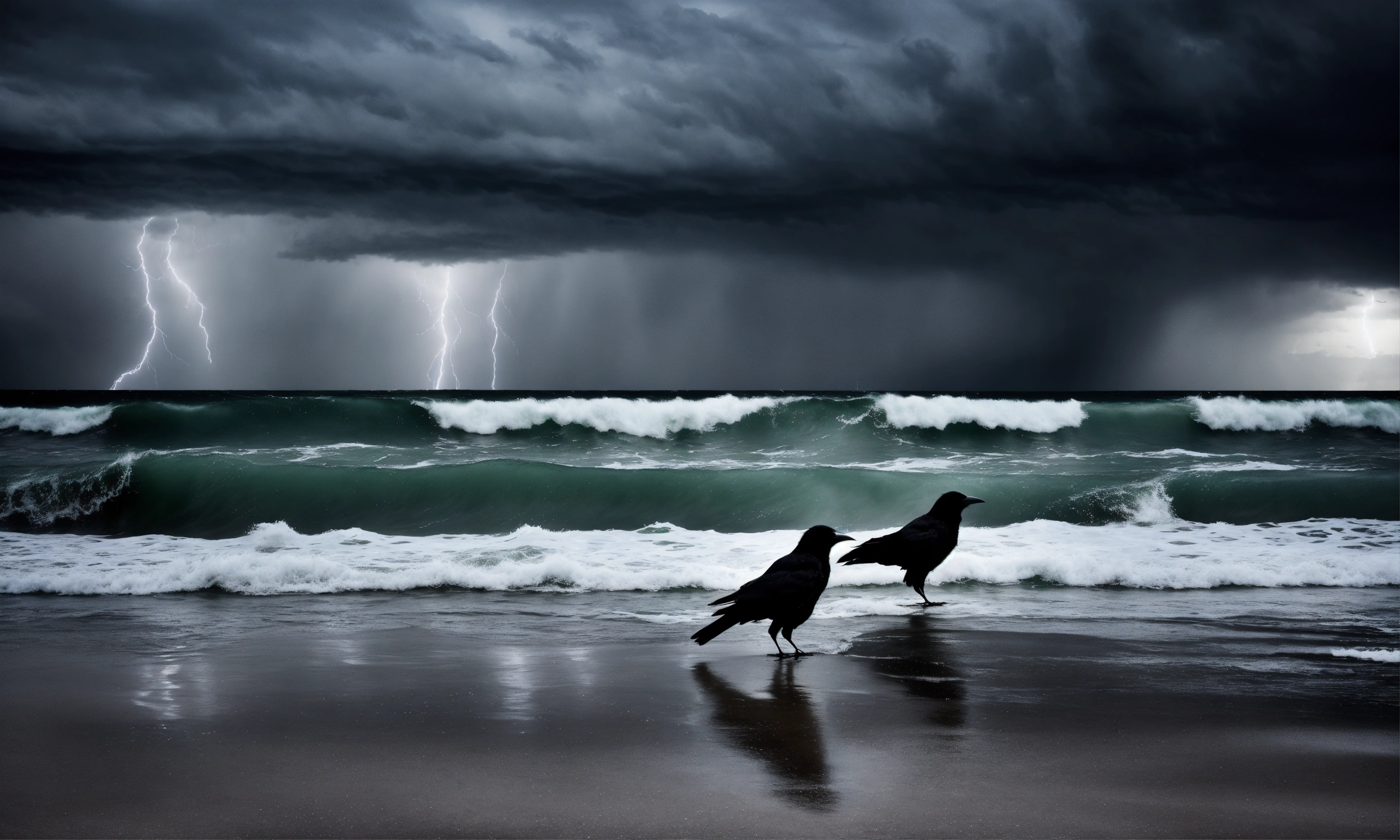 Lexica - Crow stands on the beach in water, cold, dark clouds, distant ...