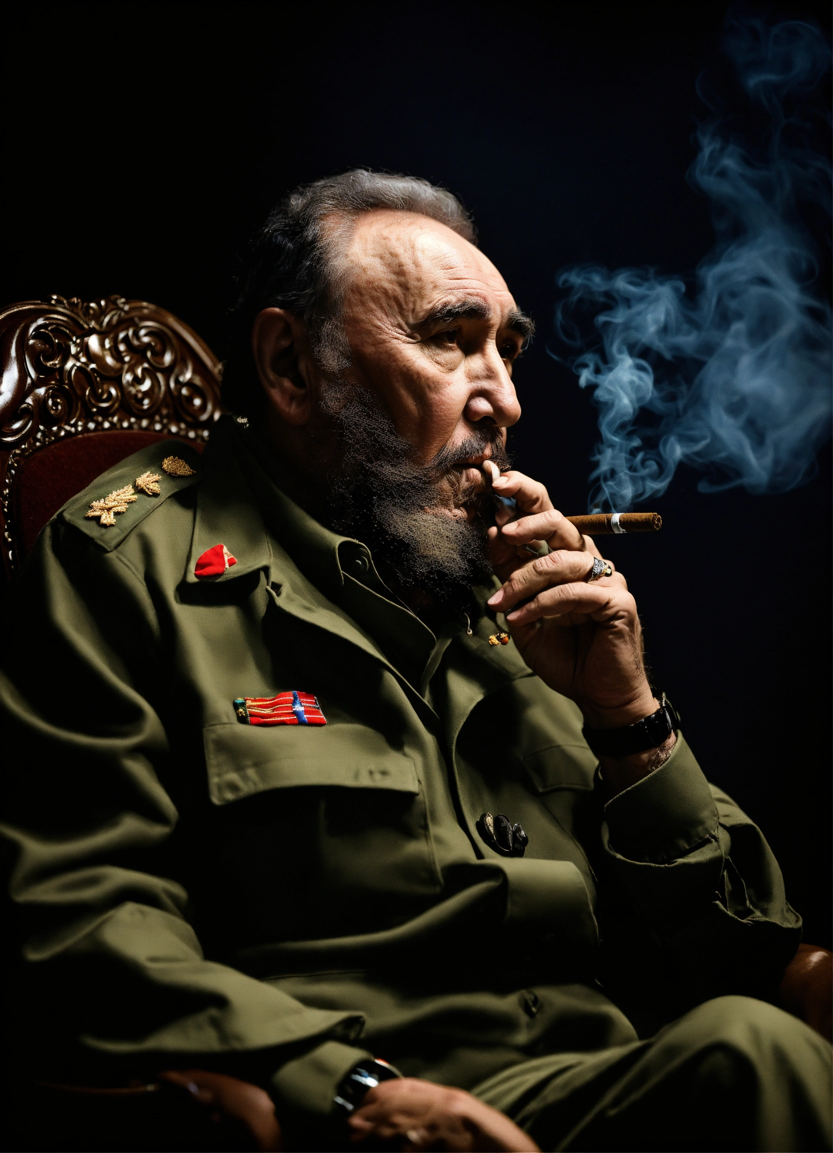 Lexica - Fidel castro sitting on a chair holding a cigare, very cold a ...