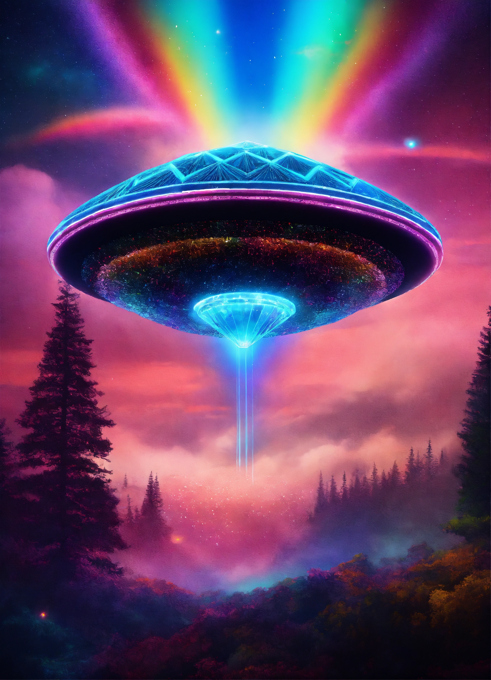 Lexica - UFO flying made of diamonds and glitter black rainbow neon ...