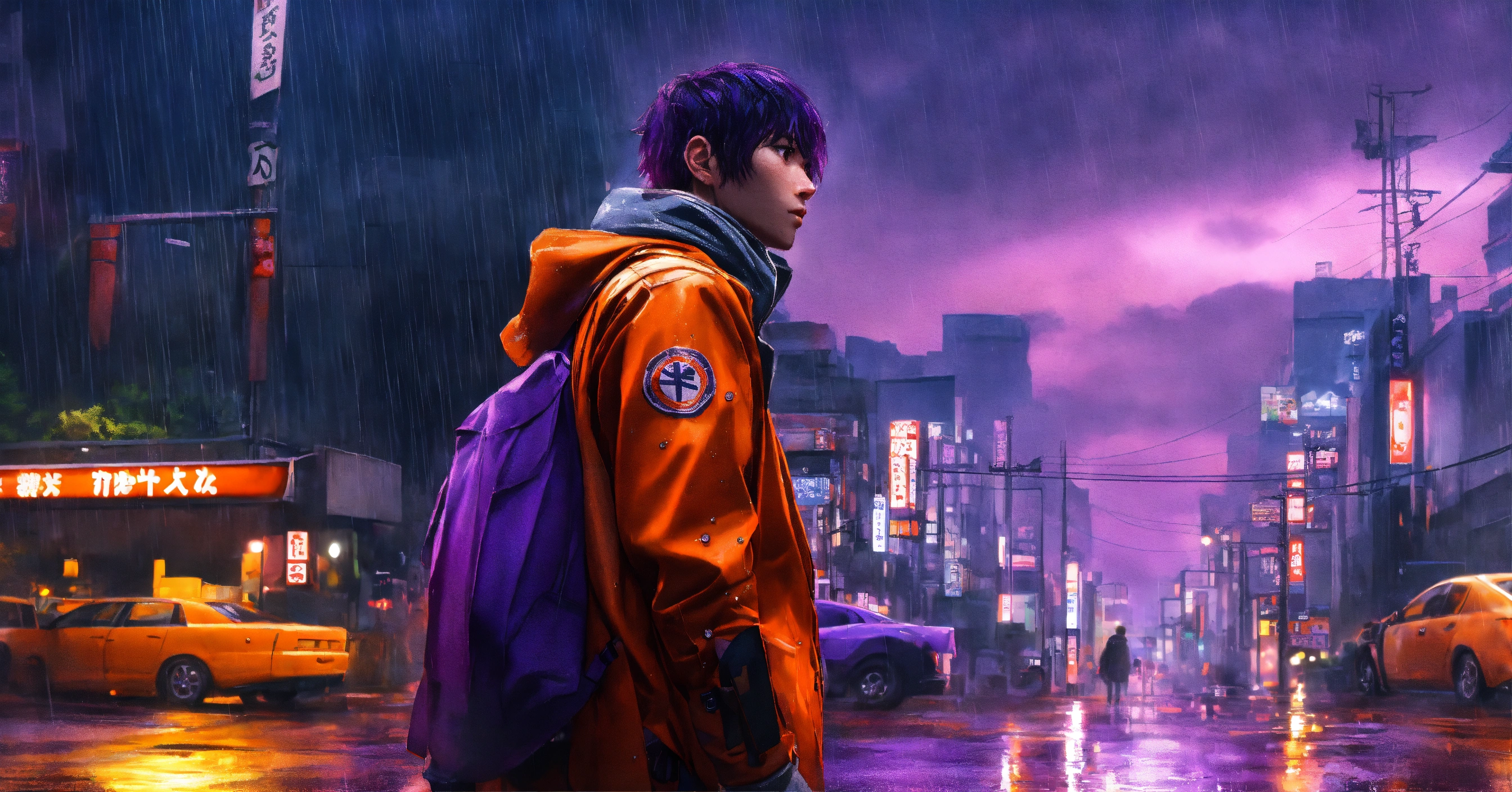 Lexica - Tokyo, post-apocalyptic, rainy mood, purple, orange, athletic man