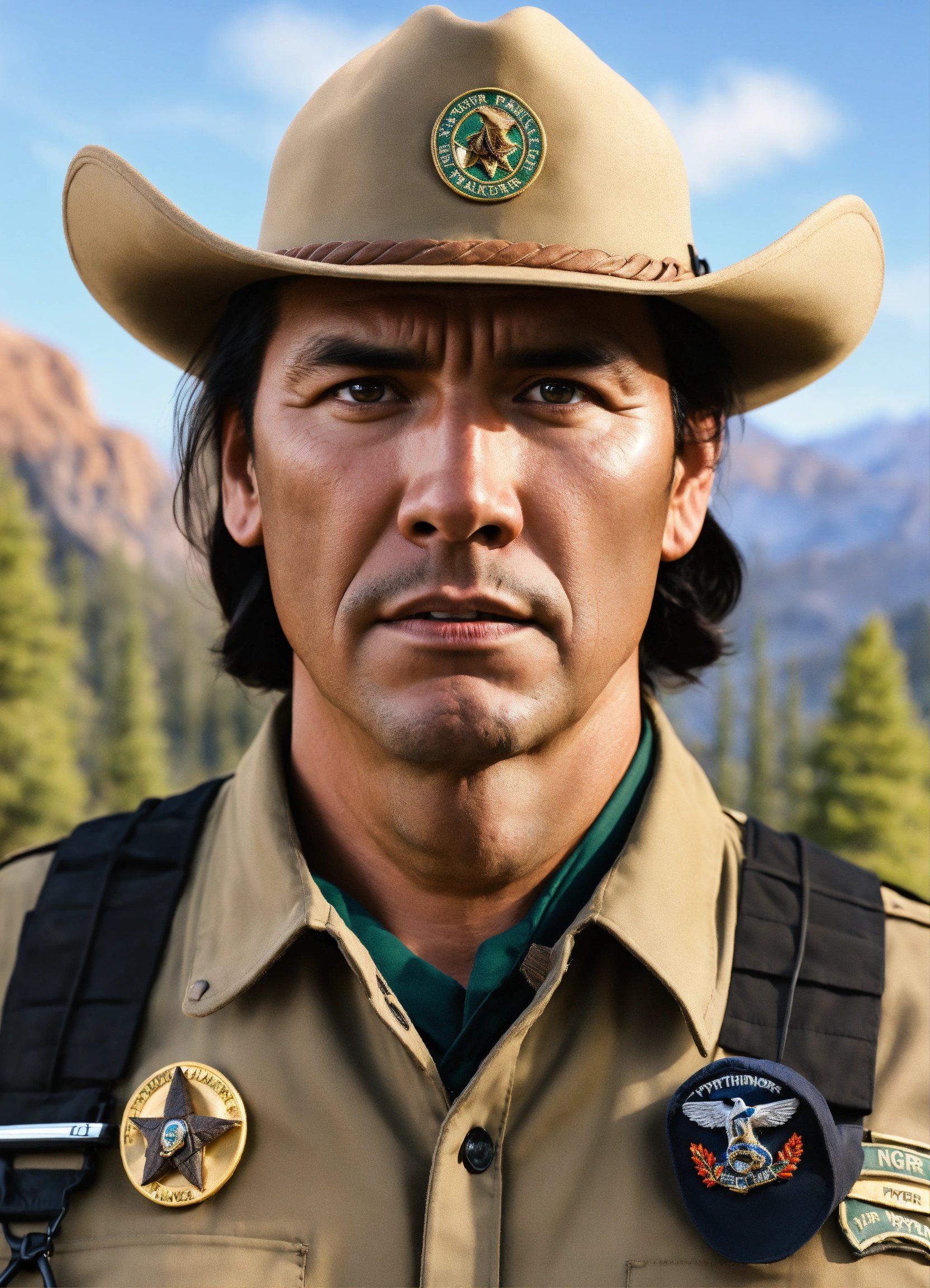 Lexica - Portrait of an native american park ranger man scared ...