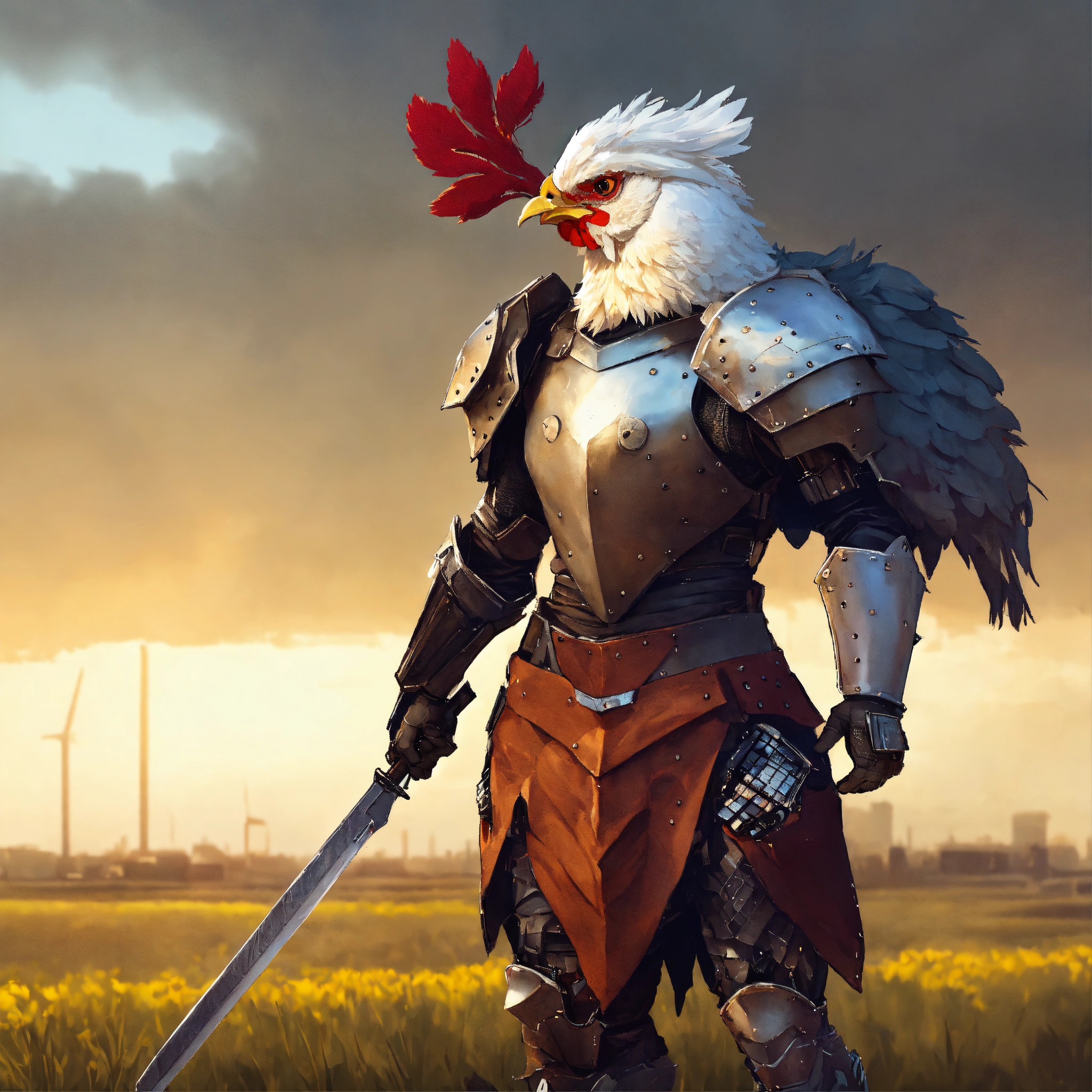 Lexica - Chicken knight in armour with white head standing in a field ...