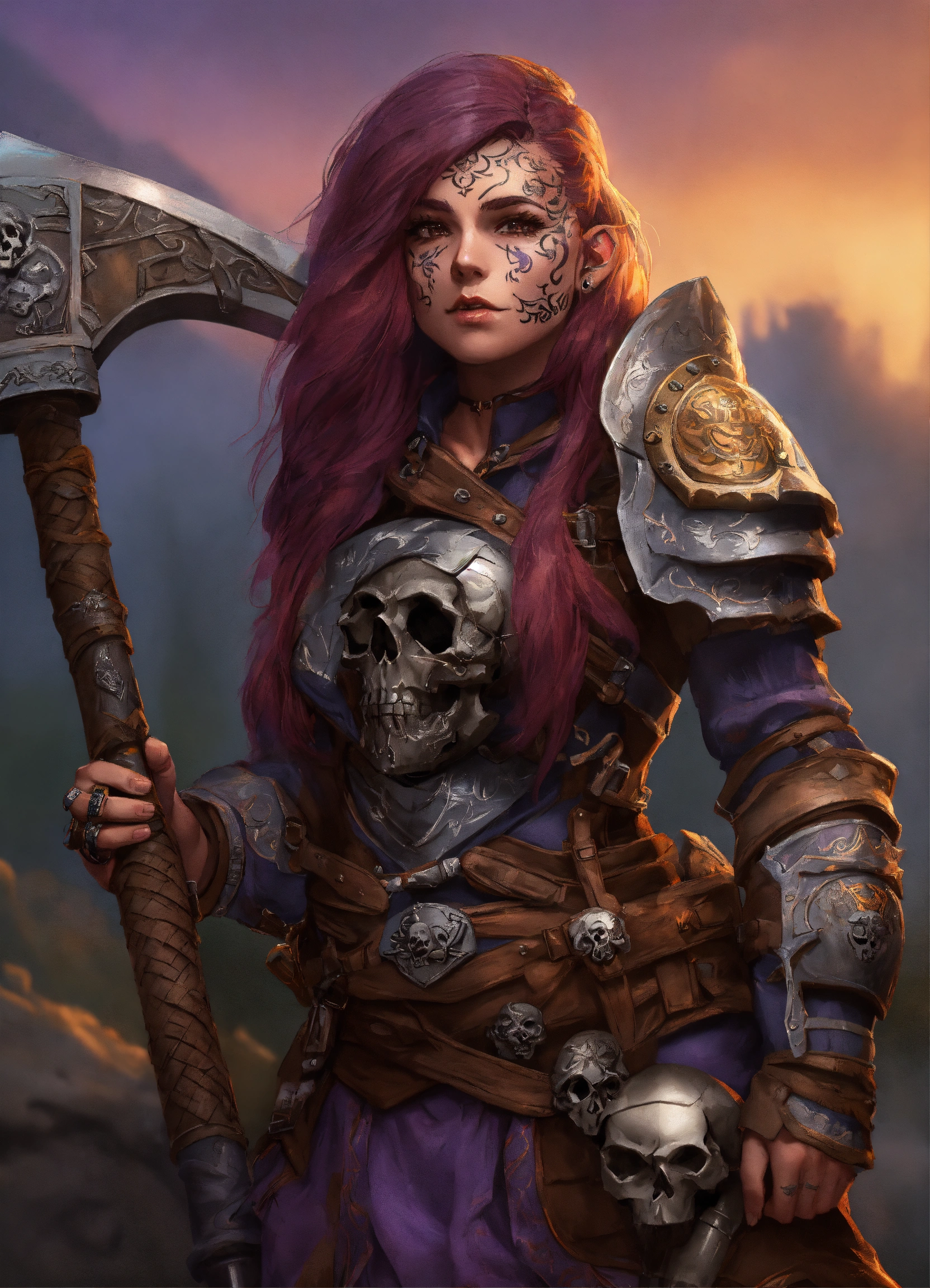 Lexica - Female hill dwarf with long purple brown hair and skull face ...