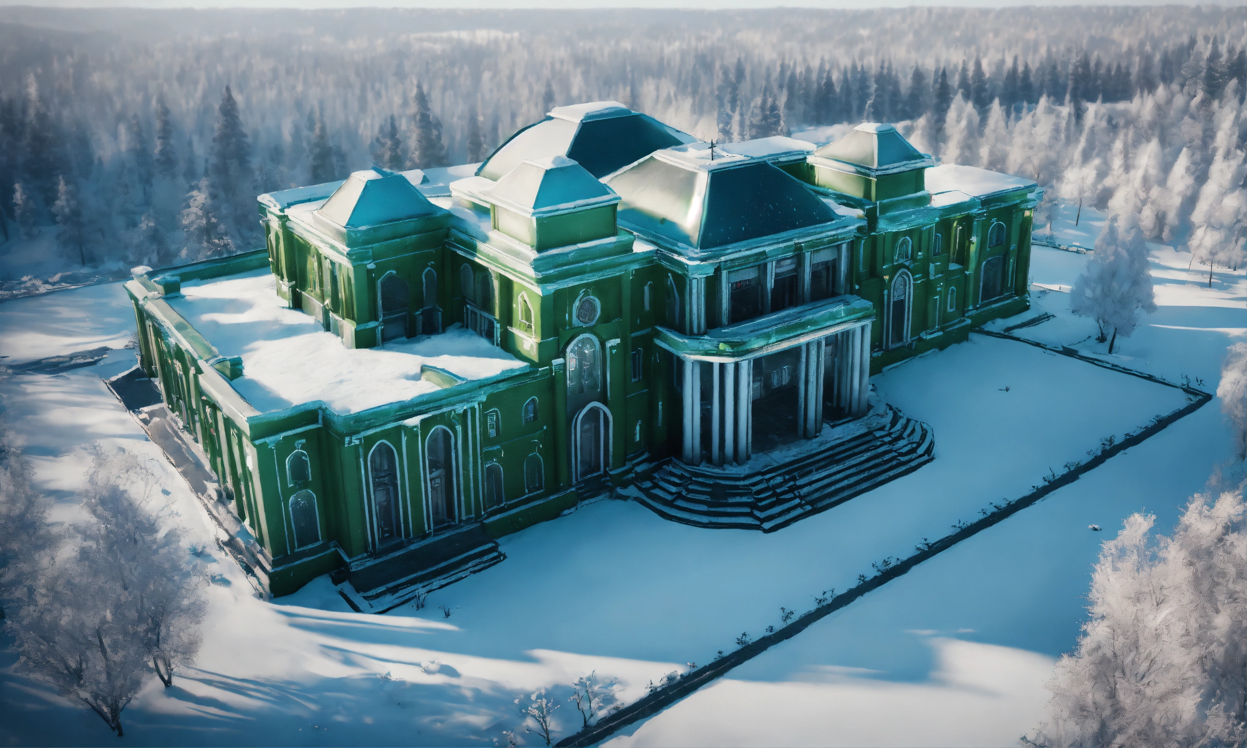 Lexica - Overhead view of a jade royal sci fi palace surrounded by elegant gardens in Siberia in ...