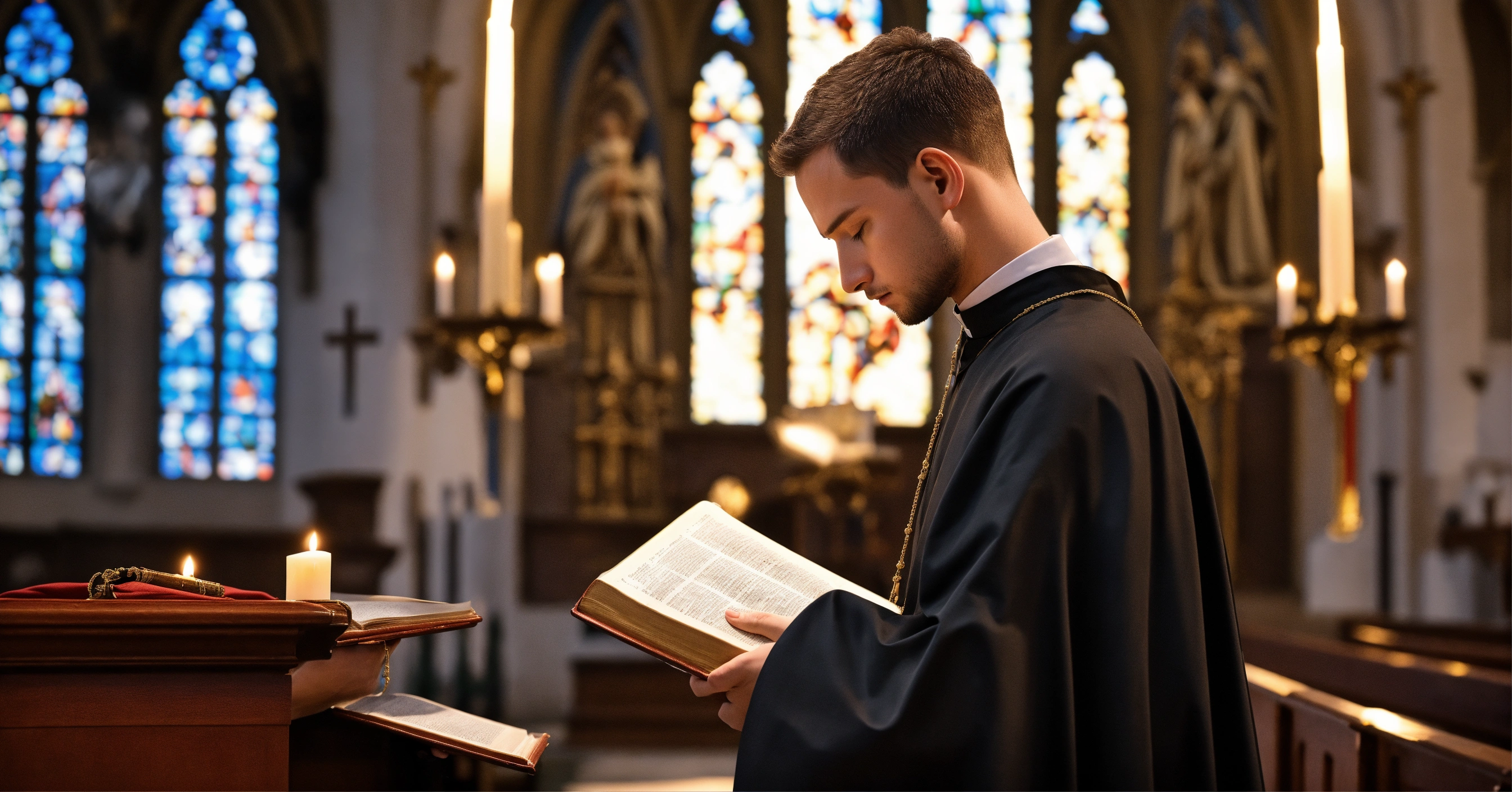 Lexica - Young catholic priest praying mass Catholic priest reading the ...