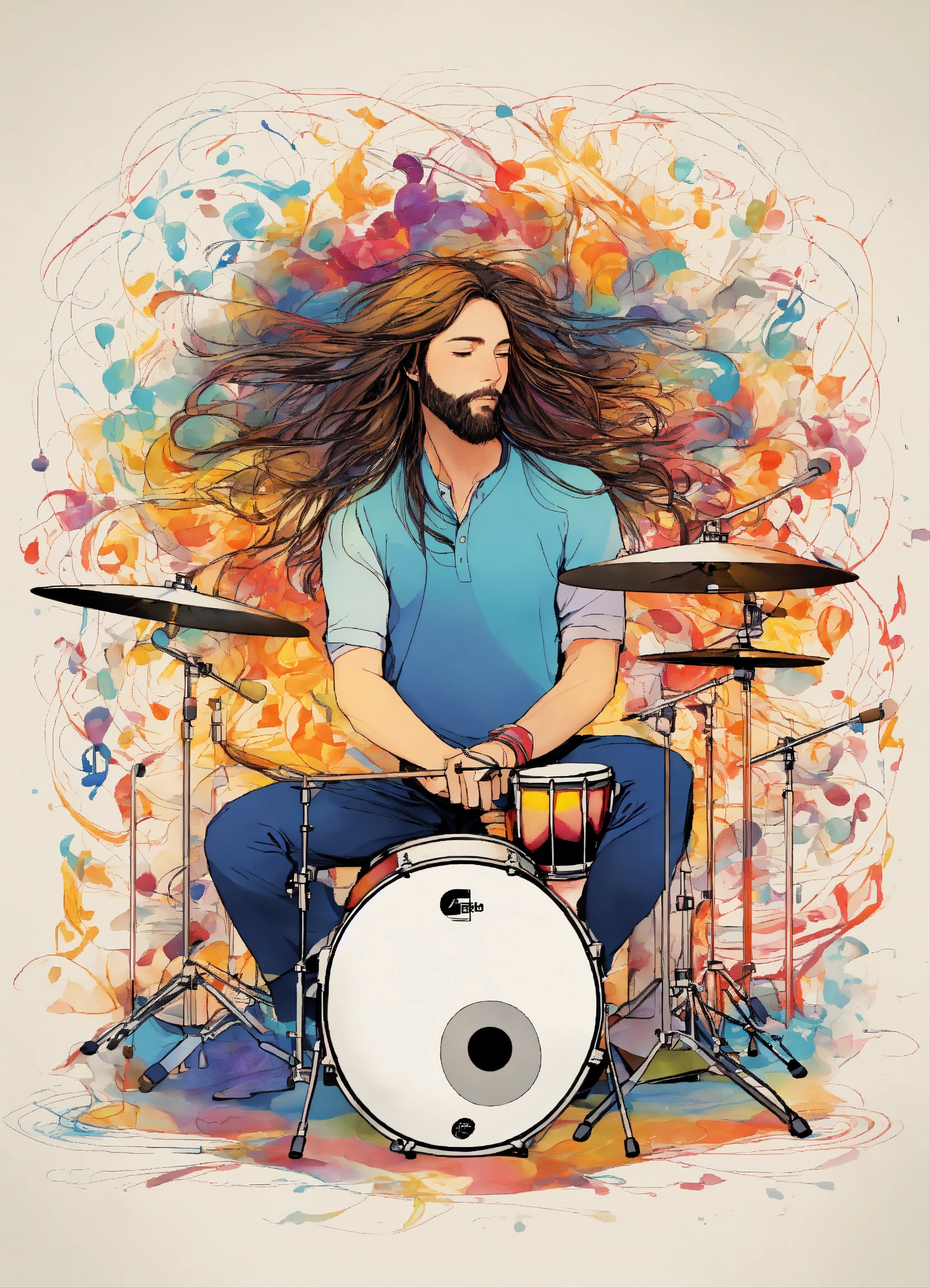 Lexica - View of a drummer with long hair playing music, centered, lots ...