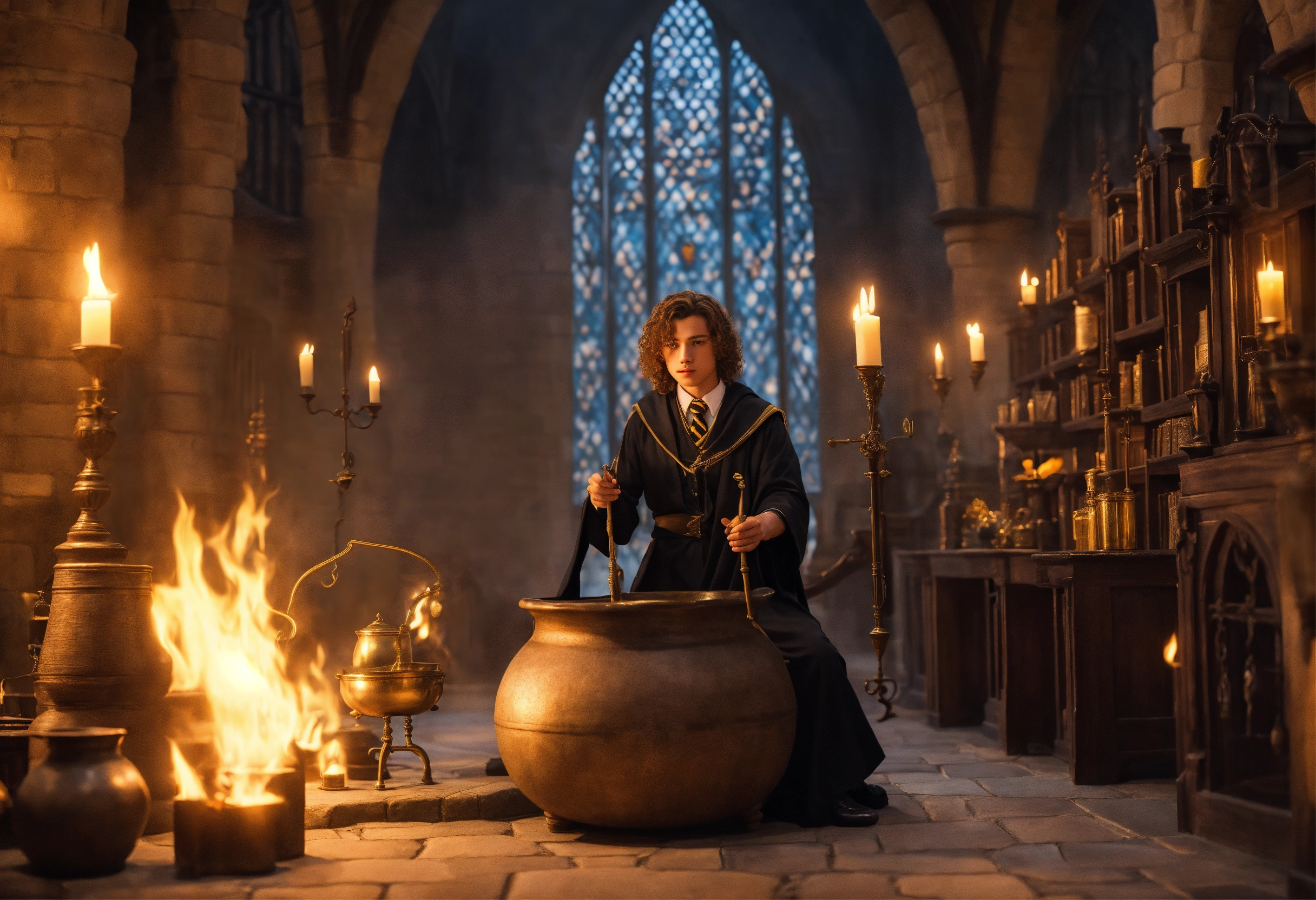 Lexica - Cute man young wizard, inside Hogwarts with a cauldron in his ...