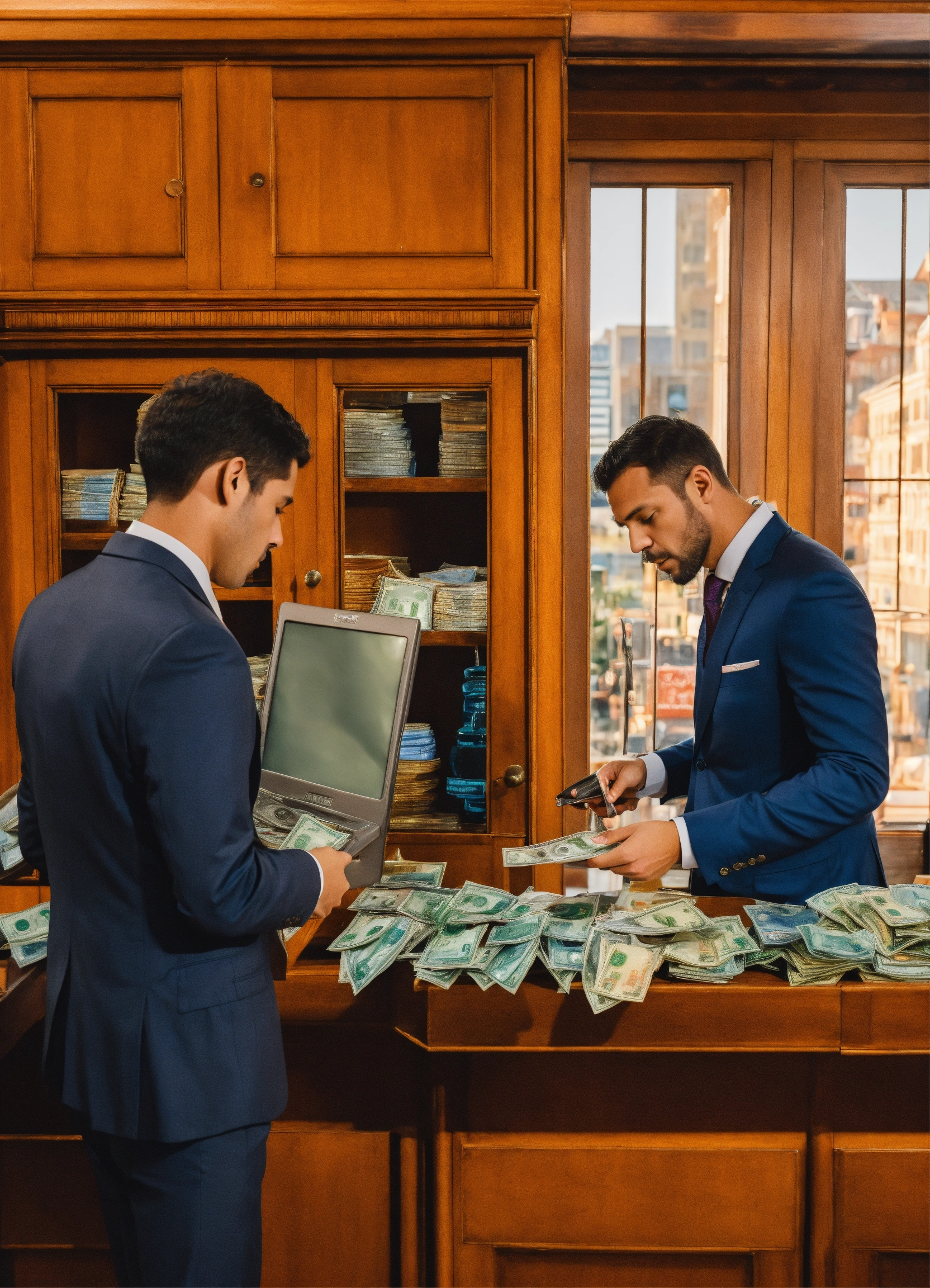 Lexica - A man paying money to a financial expert in a suit