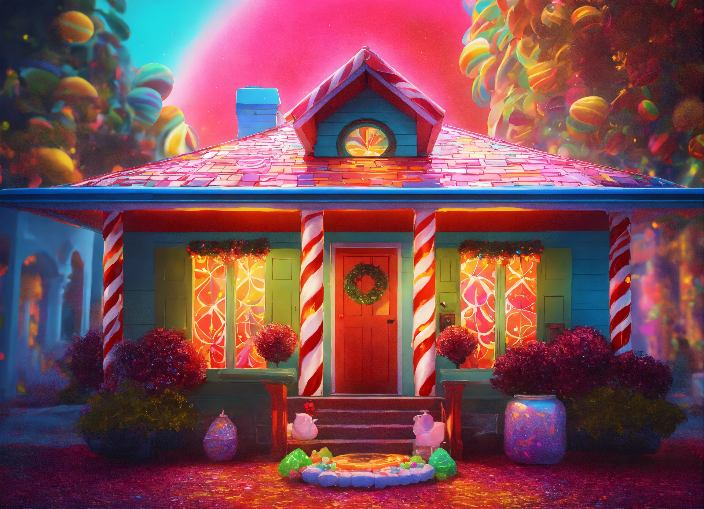 Lexica - Traditional cute Candy cane house with a blank welcome sign in ...