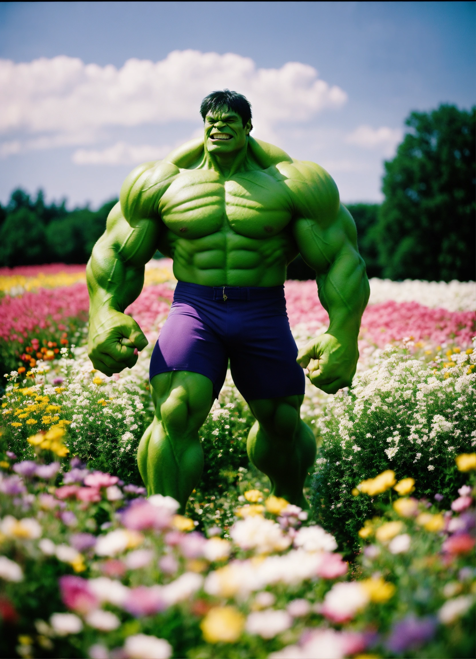 Lexica - Happy Hulk standing in a beautiful field of flowers, colorful ...