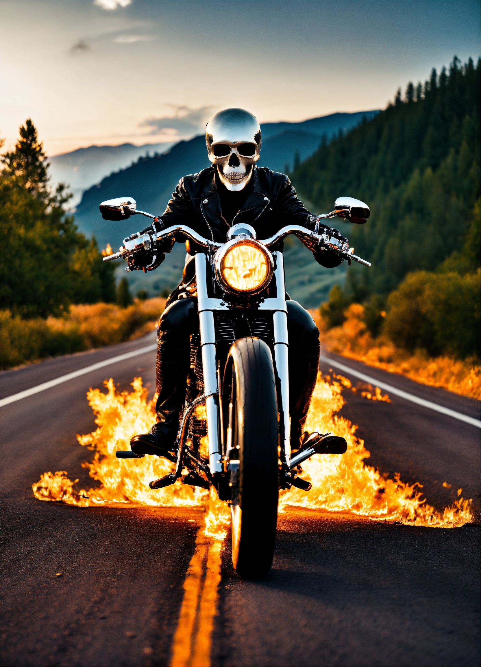 Lexica - Skeleton on fire riding a harley davidson motorcycle, worn ...