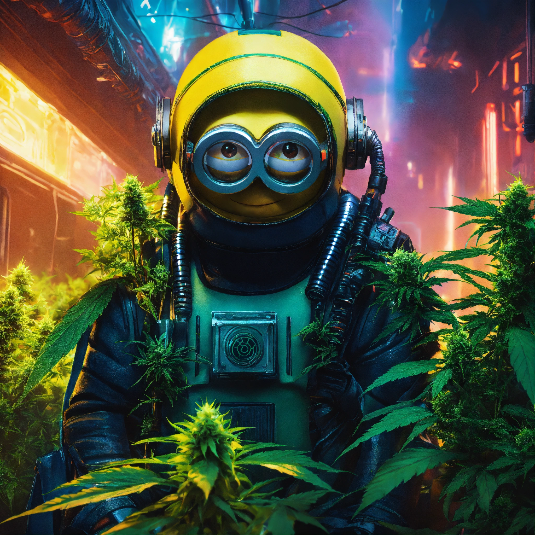 Lexica - Cyberpunk poster of minion surrounded by cannabis plants