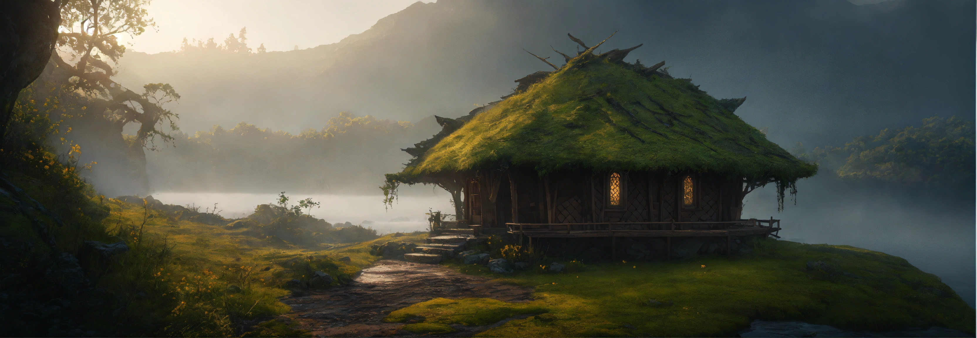 Lexica - Raw photo, a elven style hut on a clifftop high above a gloomy ...