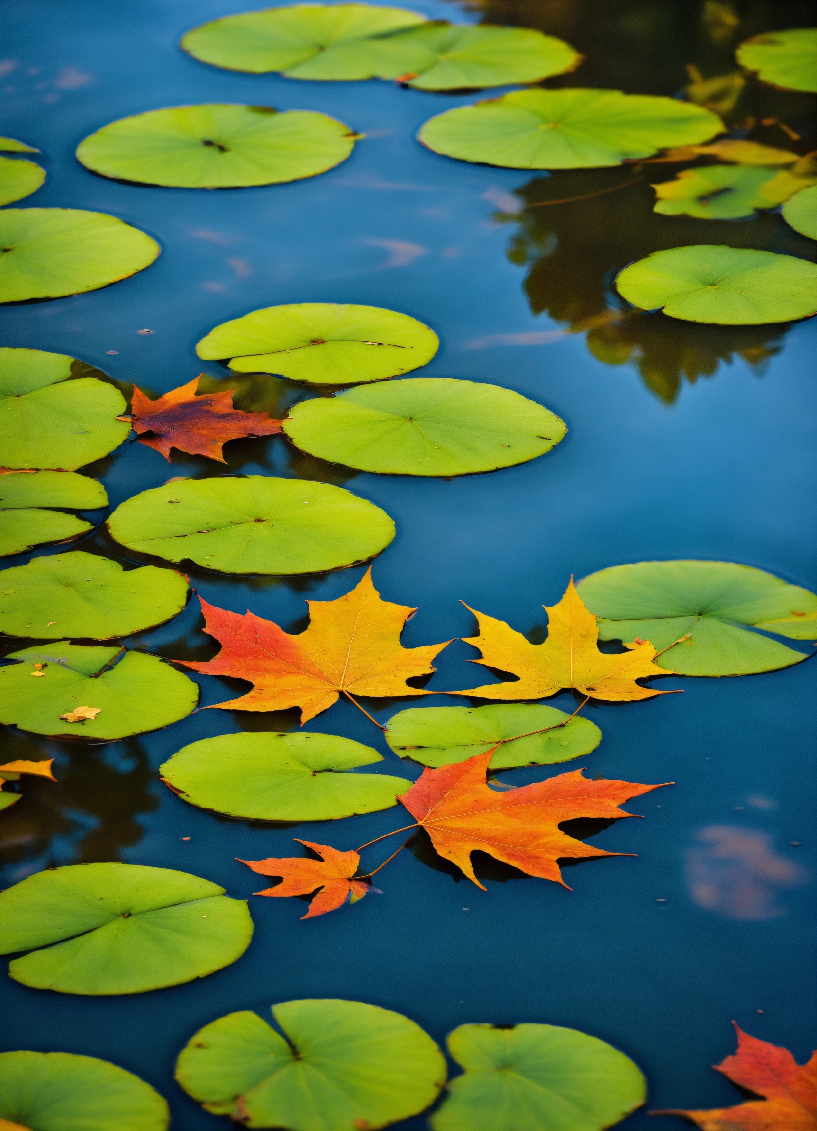 Lexica - Water surface with leaves and reflections, bright colors ...