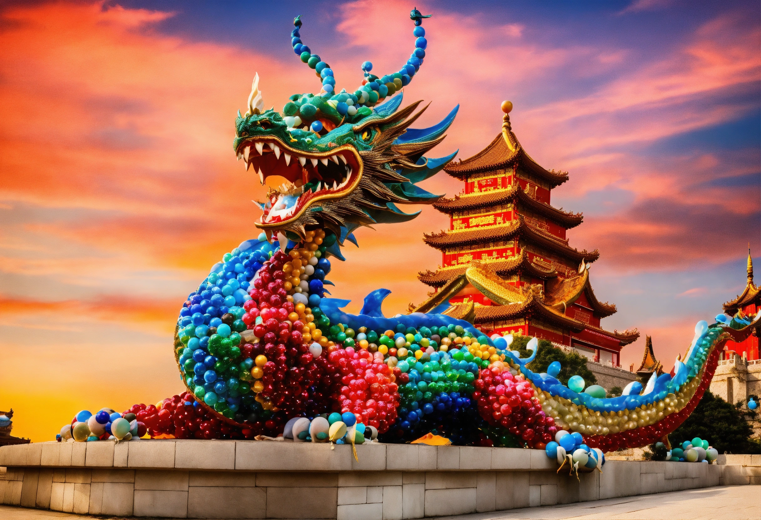 Lexica - Complex image of dragon made of gambouge color marbles in ...