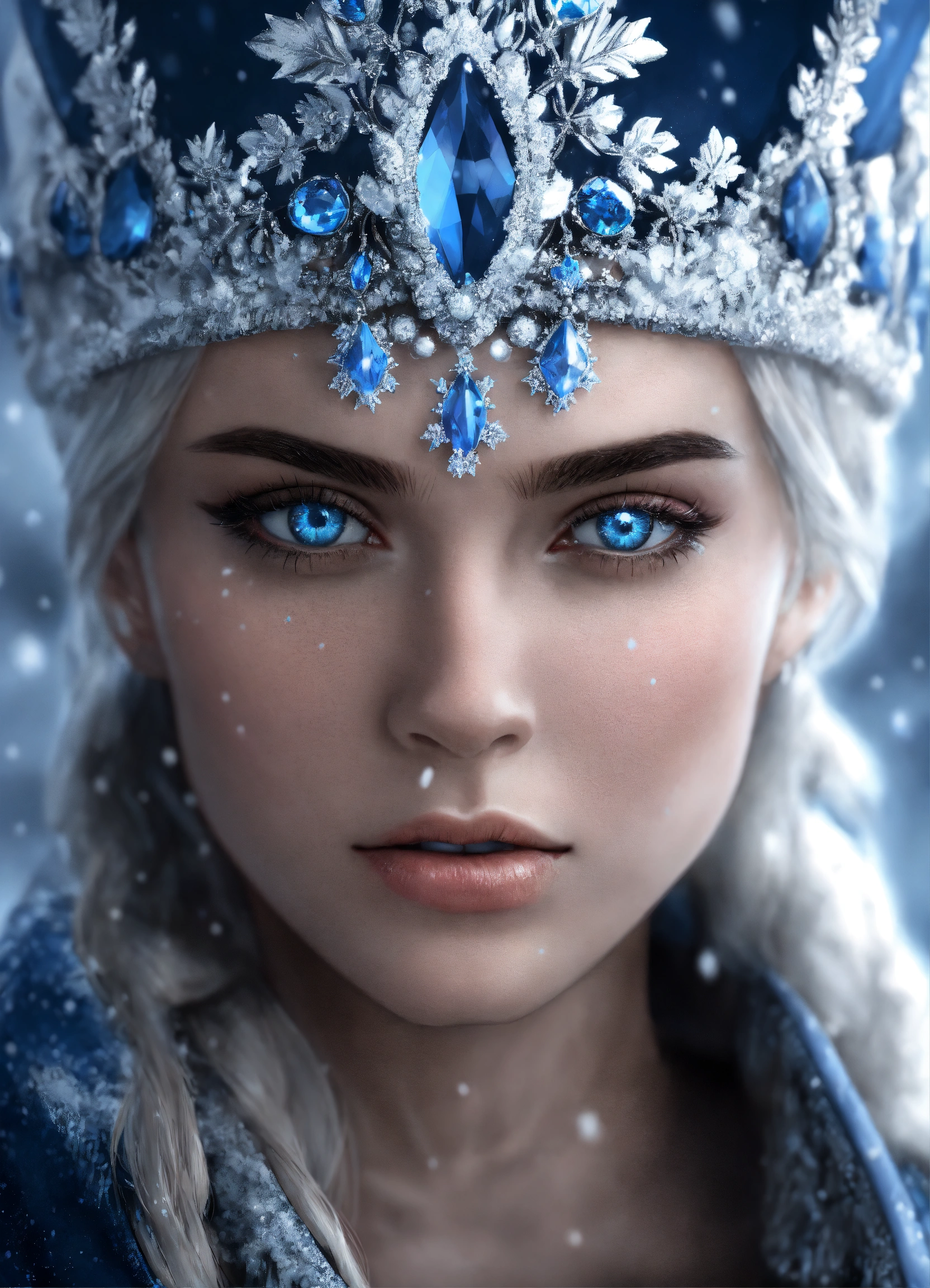 Lexica - Photorealistic, blackandwhite, ice queen, blue eyes, snow ...