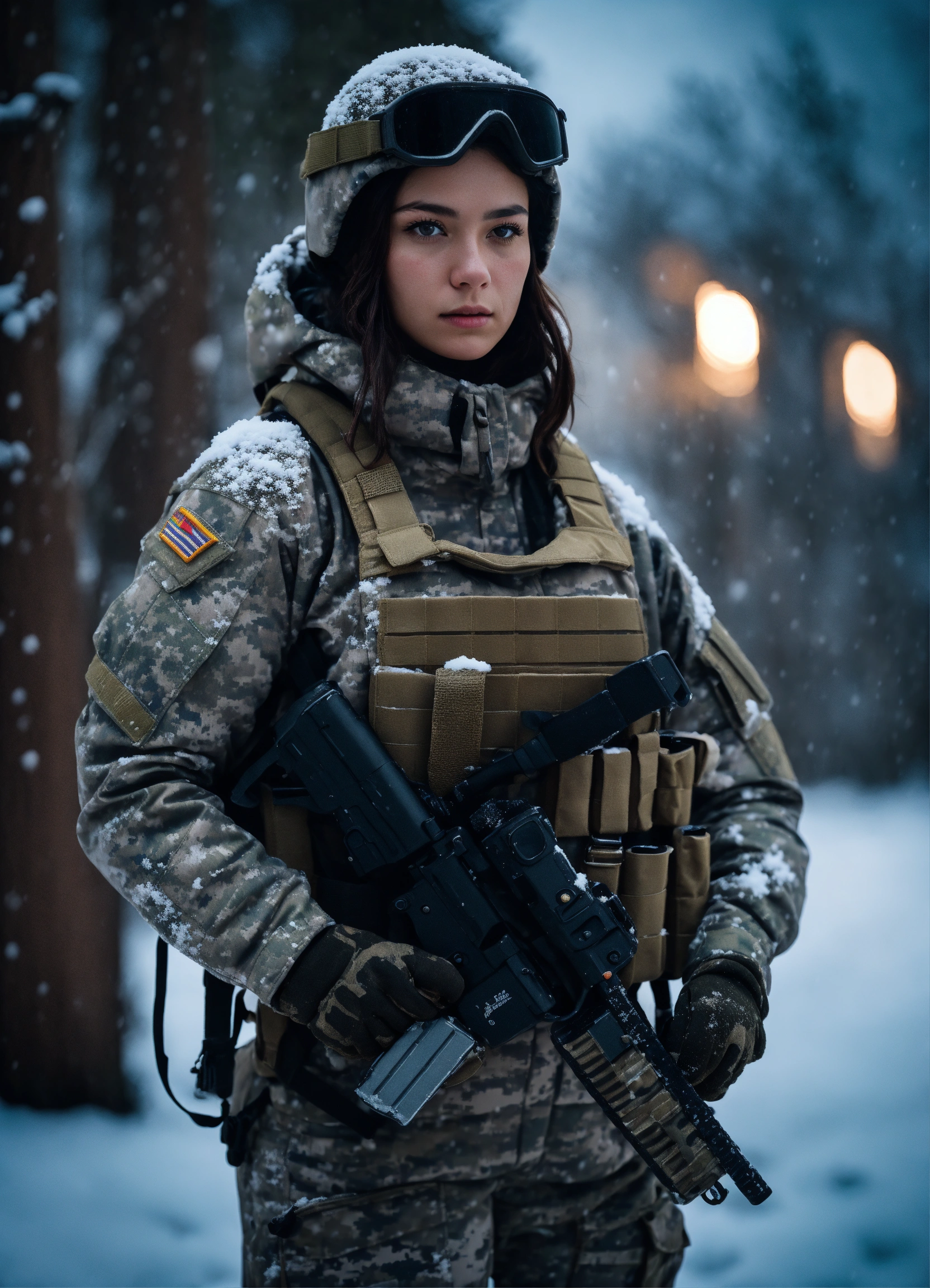 Lexica - A beautiful brunette soldier girl, wearing winter camo ...