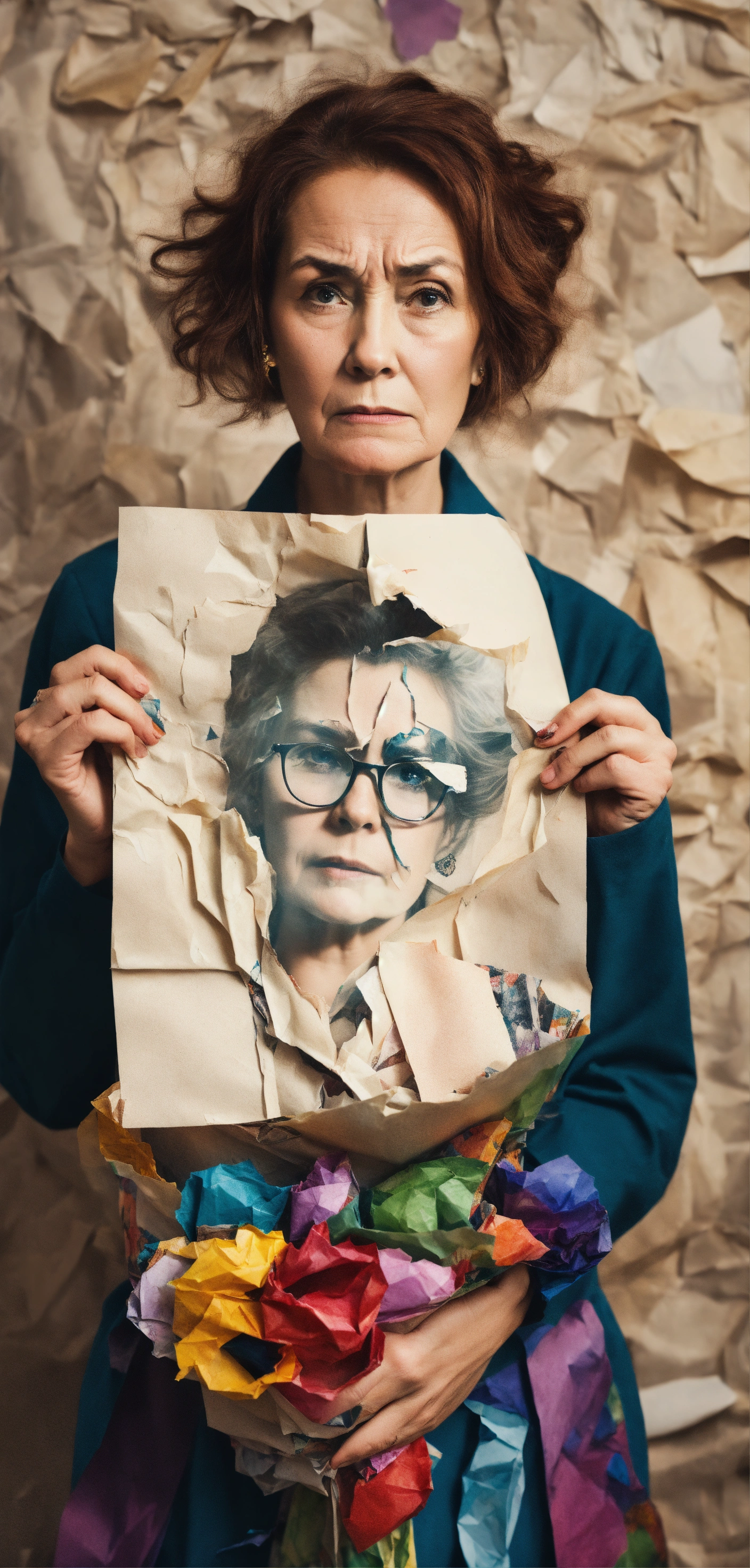Lexica - Angry aunt holding crumpled torn colored paper with photos and ...