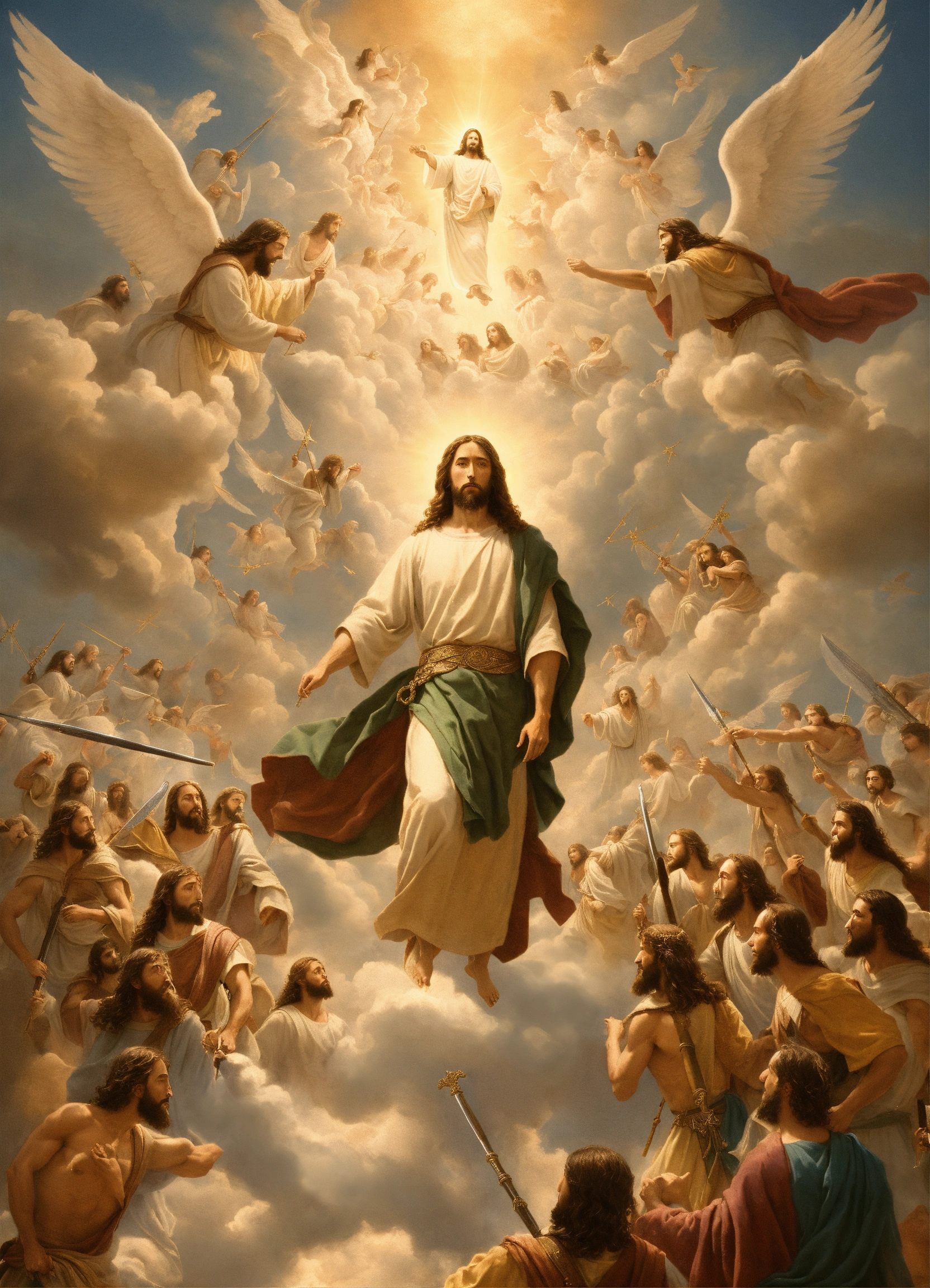Lexica - Jesus on the clouds with 100 warrior angels following him ...