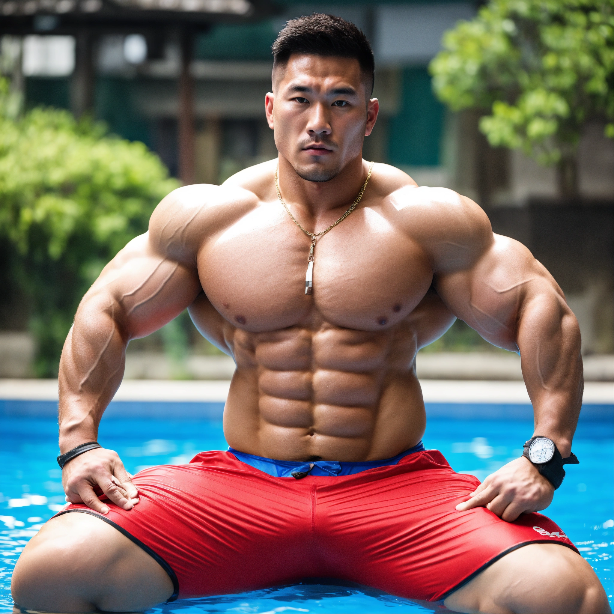 Lexica - 30-year-old man with big muscles, big bodybuilder, body like a wrestler, in a pool, chinese