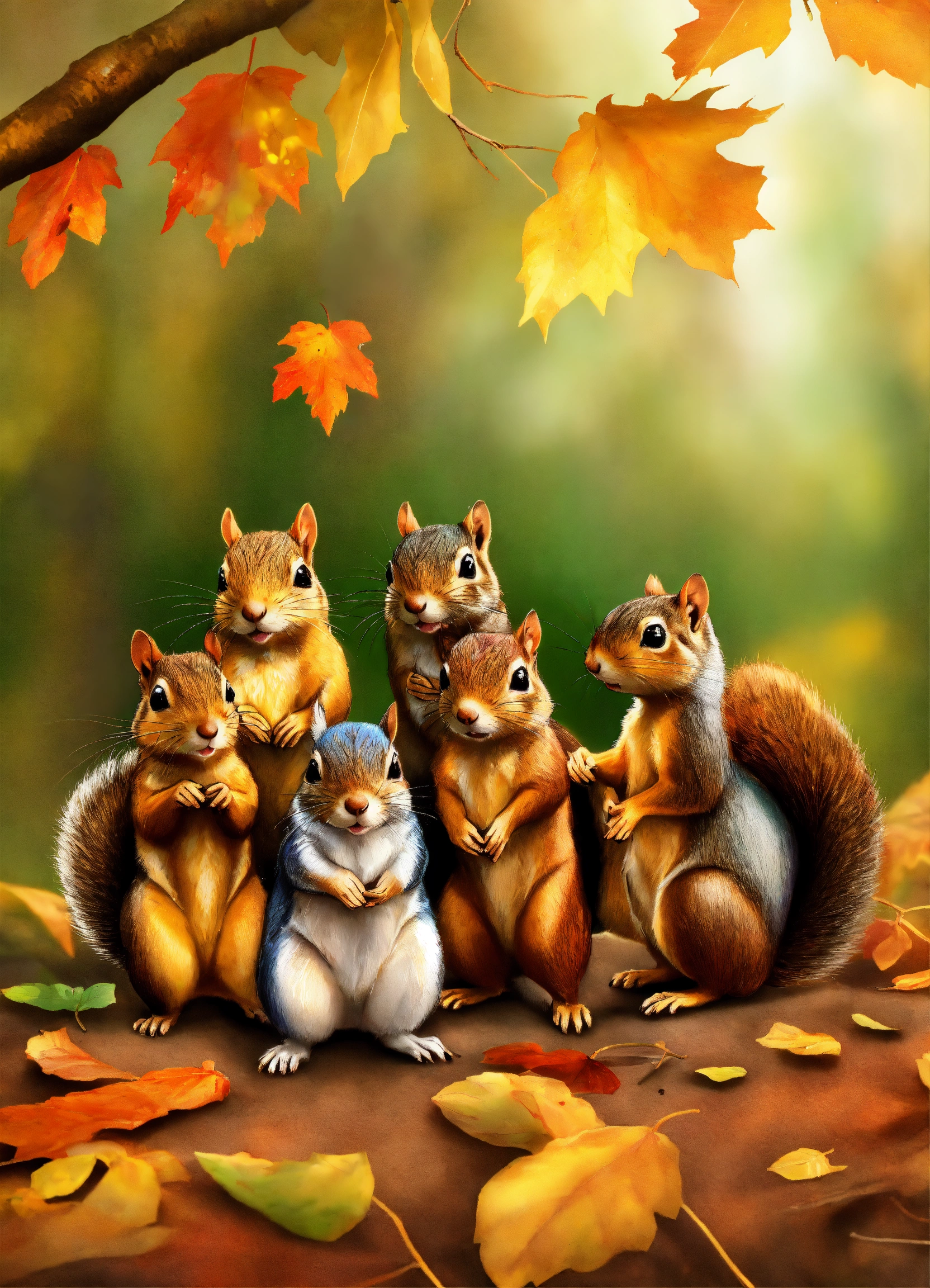 Lexica - Five small squirrels in a fall time, colorful, detailed, realistic