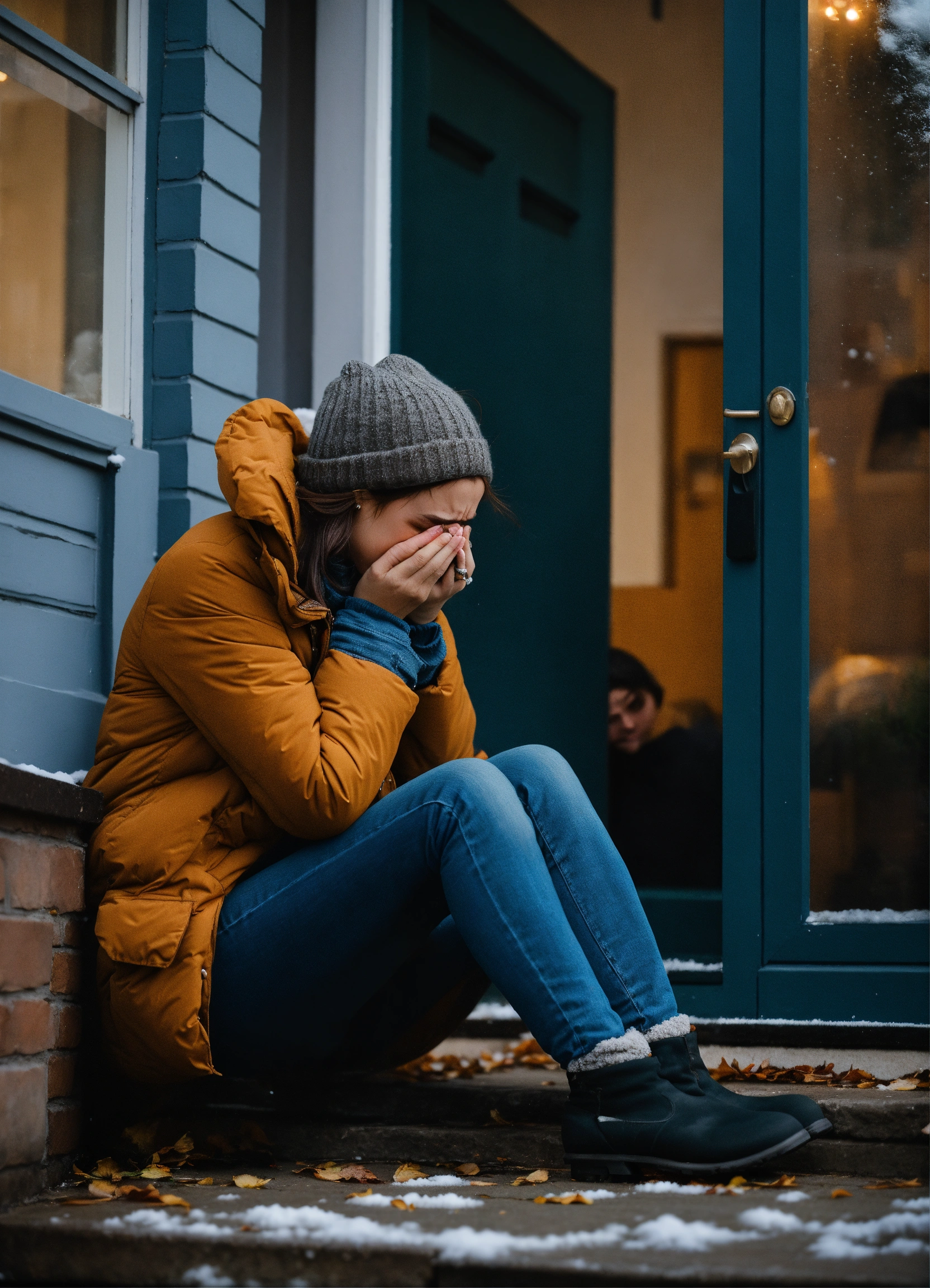 Lexica - A woman is sitting on the doorstep of a house outside in the ...