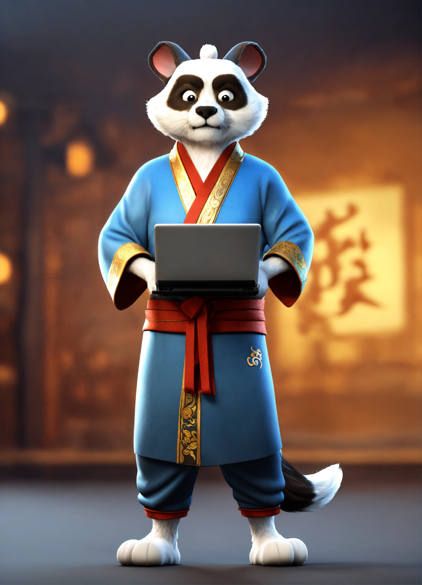 Lexica - Shifu, master, mascot 3d, full body, holds laptop