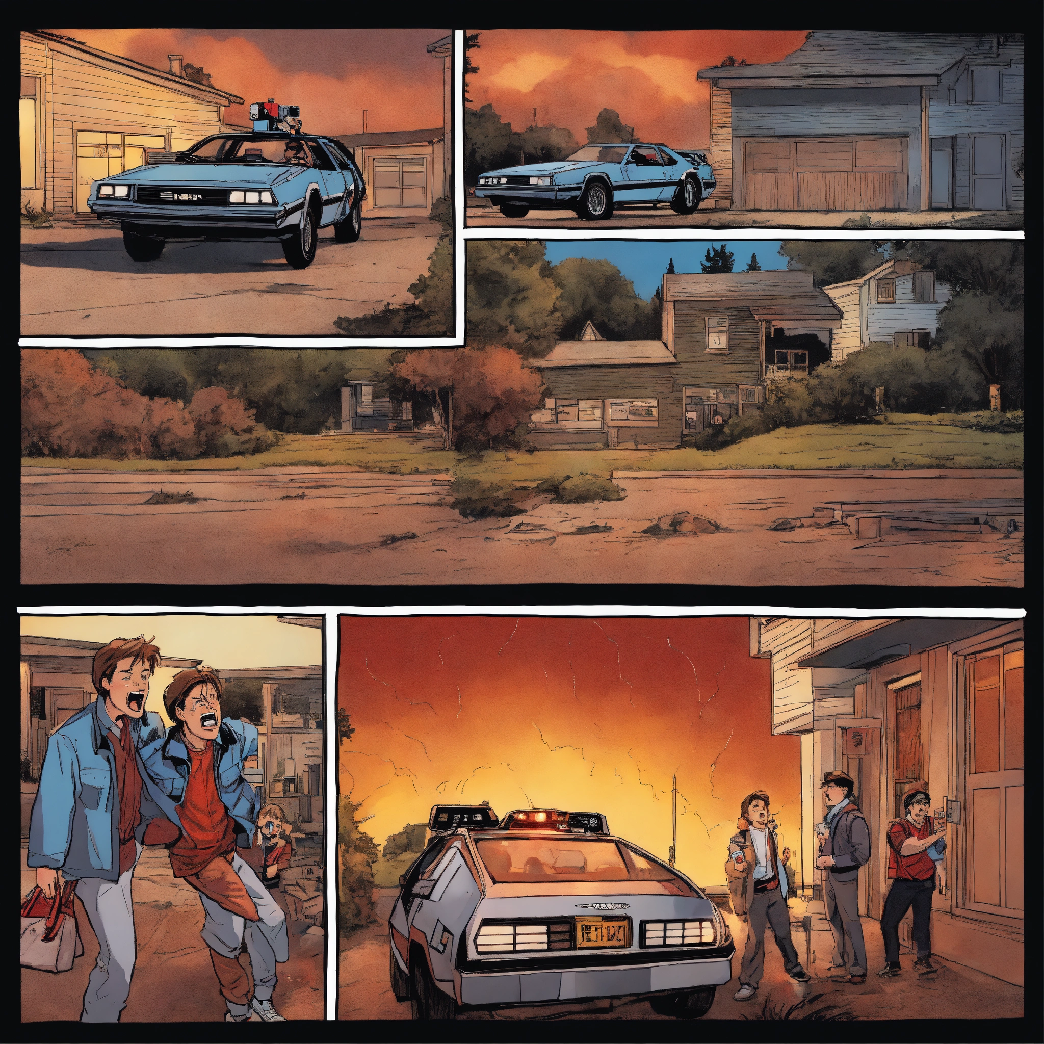 Lexica - A single comic strip with Marty McFly screaming Doc, dramatic ...