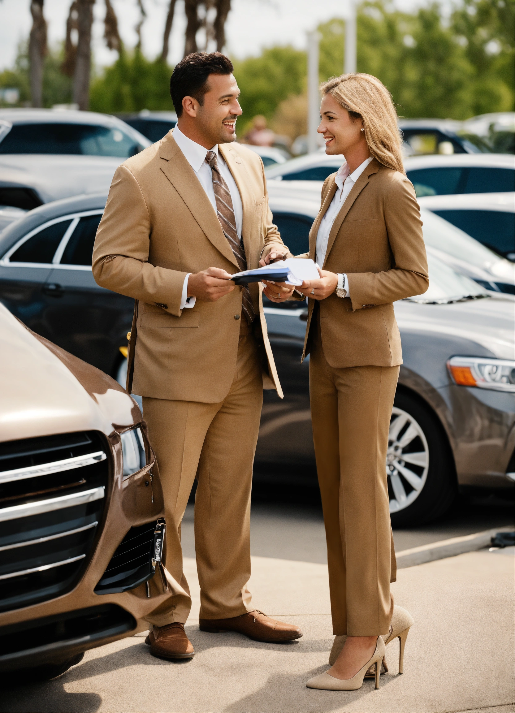 Lexica - Car salesman in a tan suit is talking happily to a sales women ...