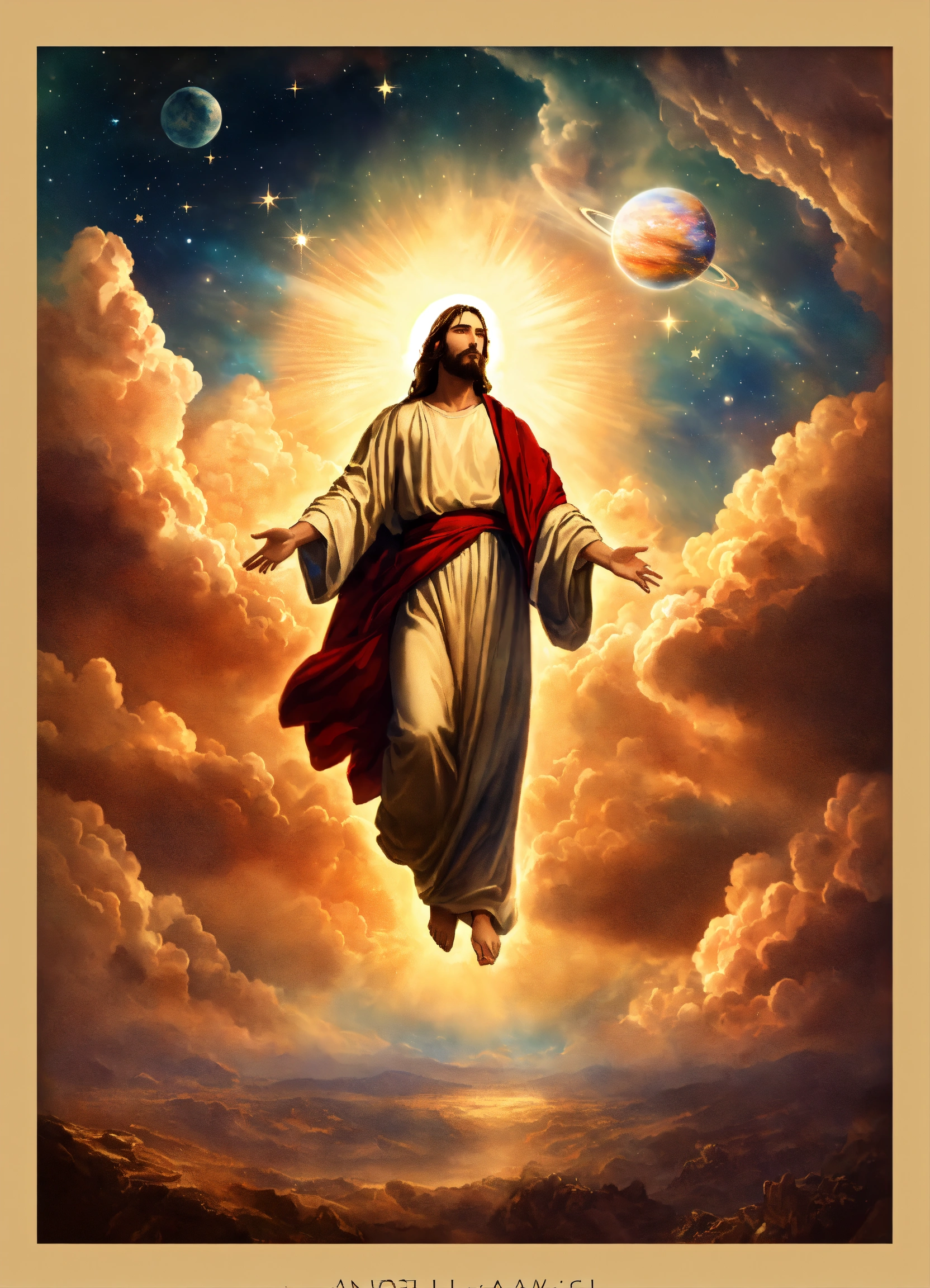 Lexica - A beautiful sky with Jesus descending from the clouds. Planets ...