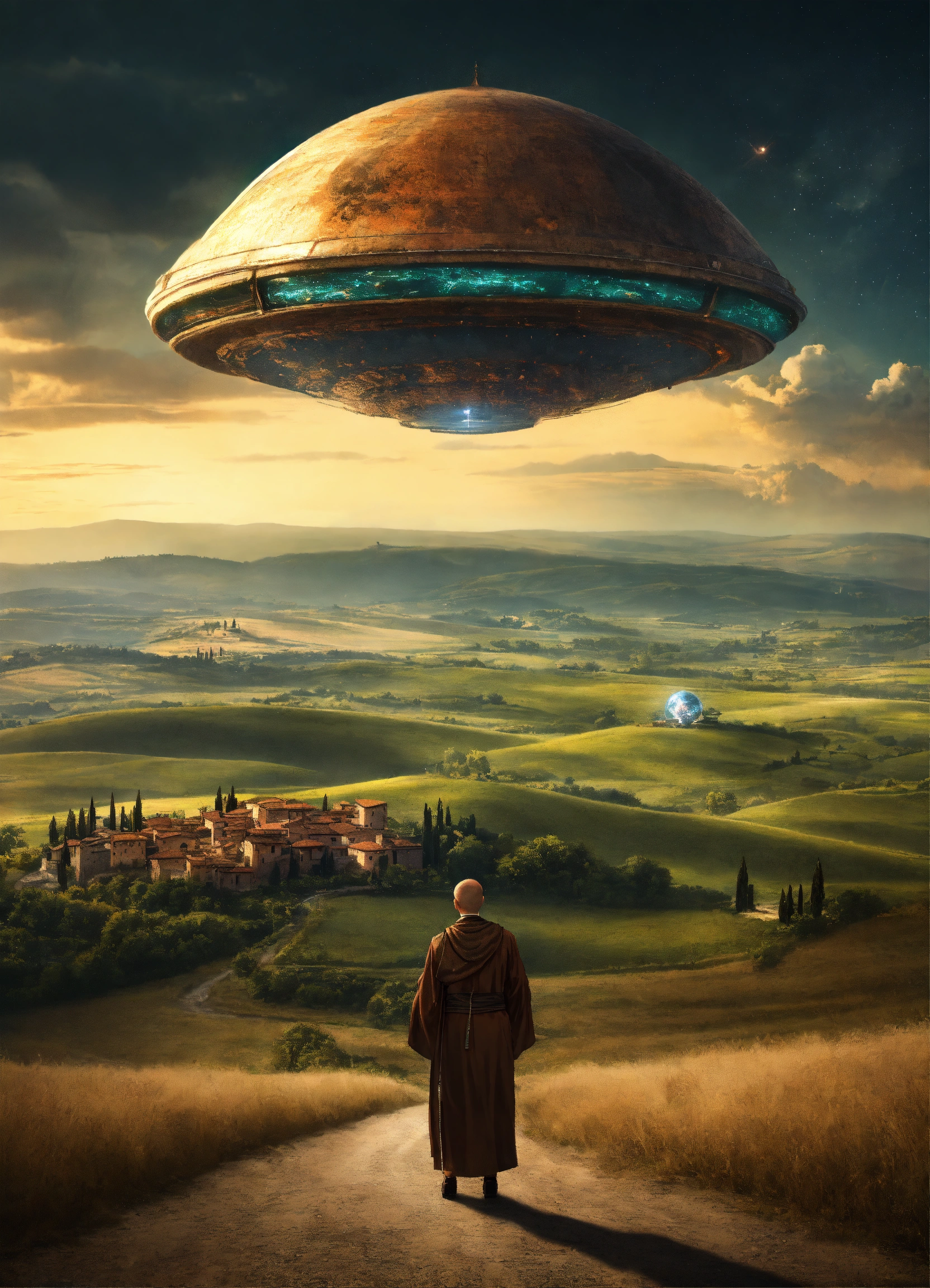 Lexica - Tuscany, alien spaceship above the sky, earth as a post ...