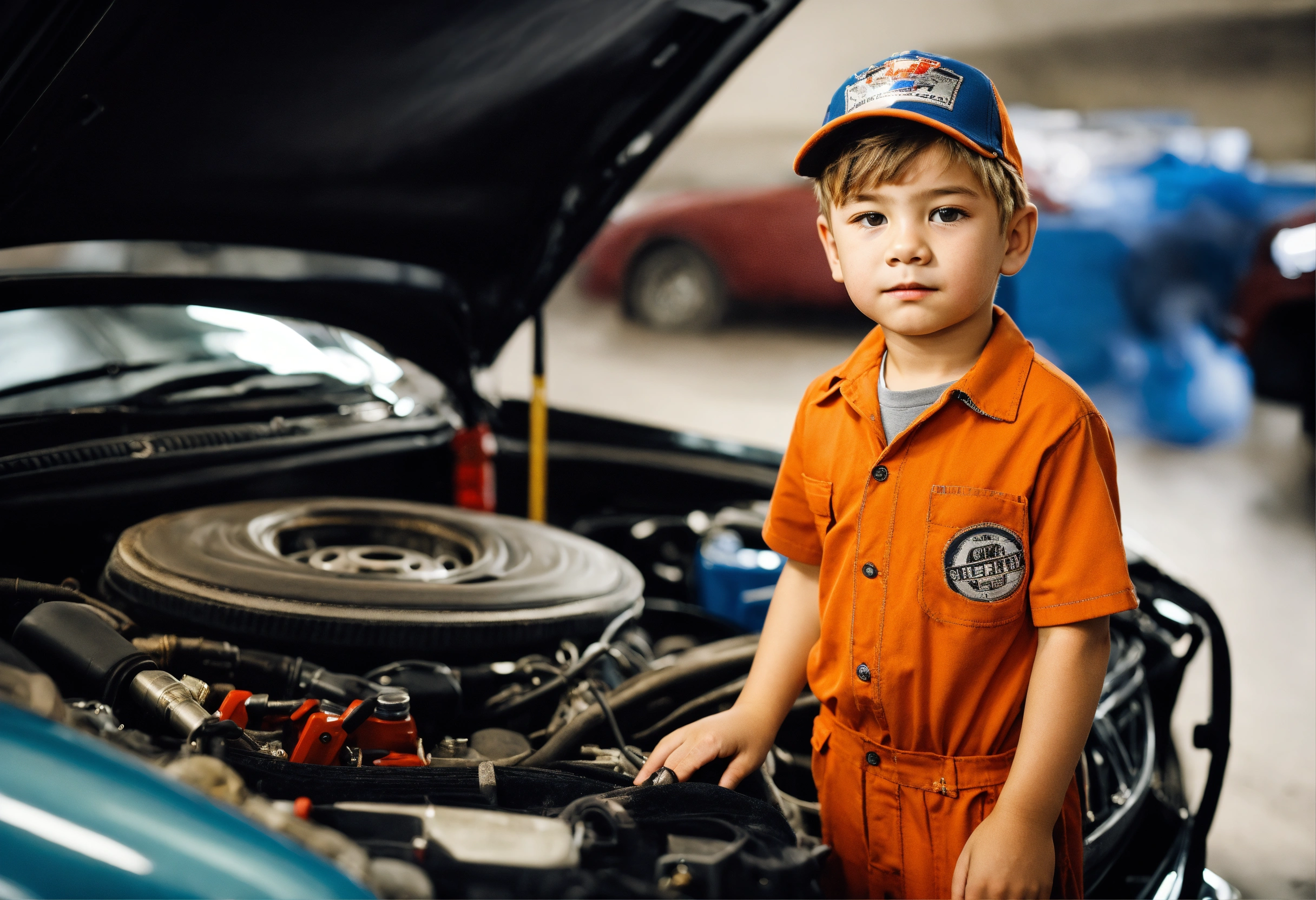 Lexica - Young boy , car mechanic dress , cap , car garage