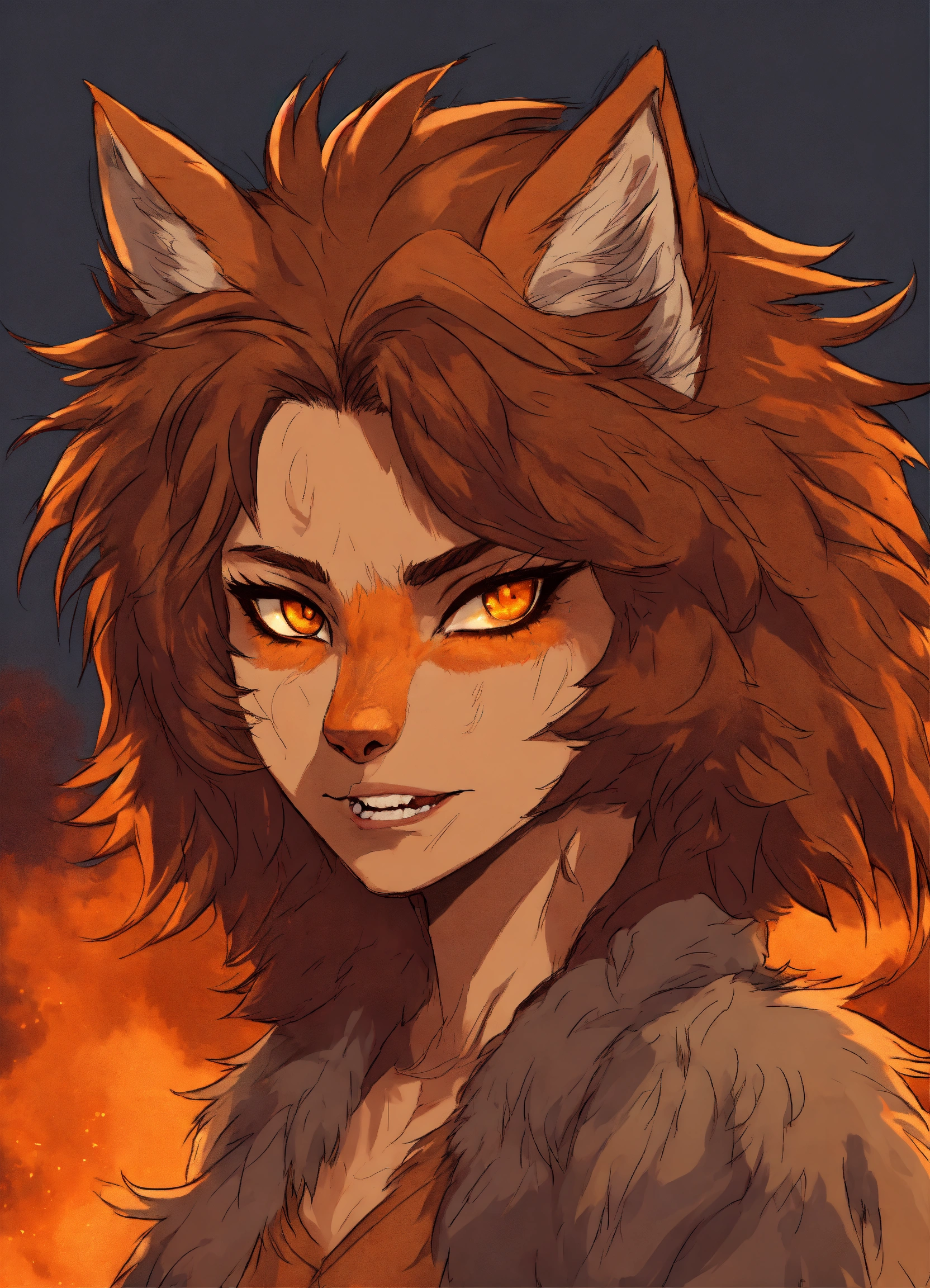 Lexica - A stunningly ferocious female werewolf, brown fur, orange eyes ...