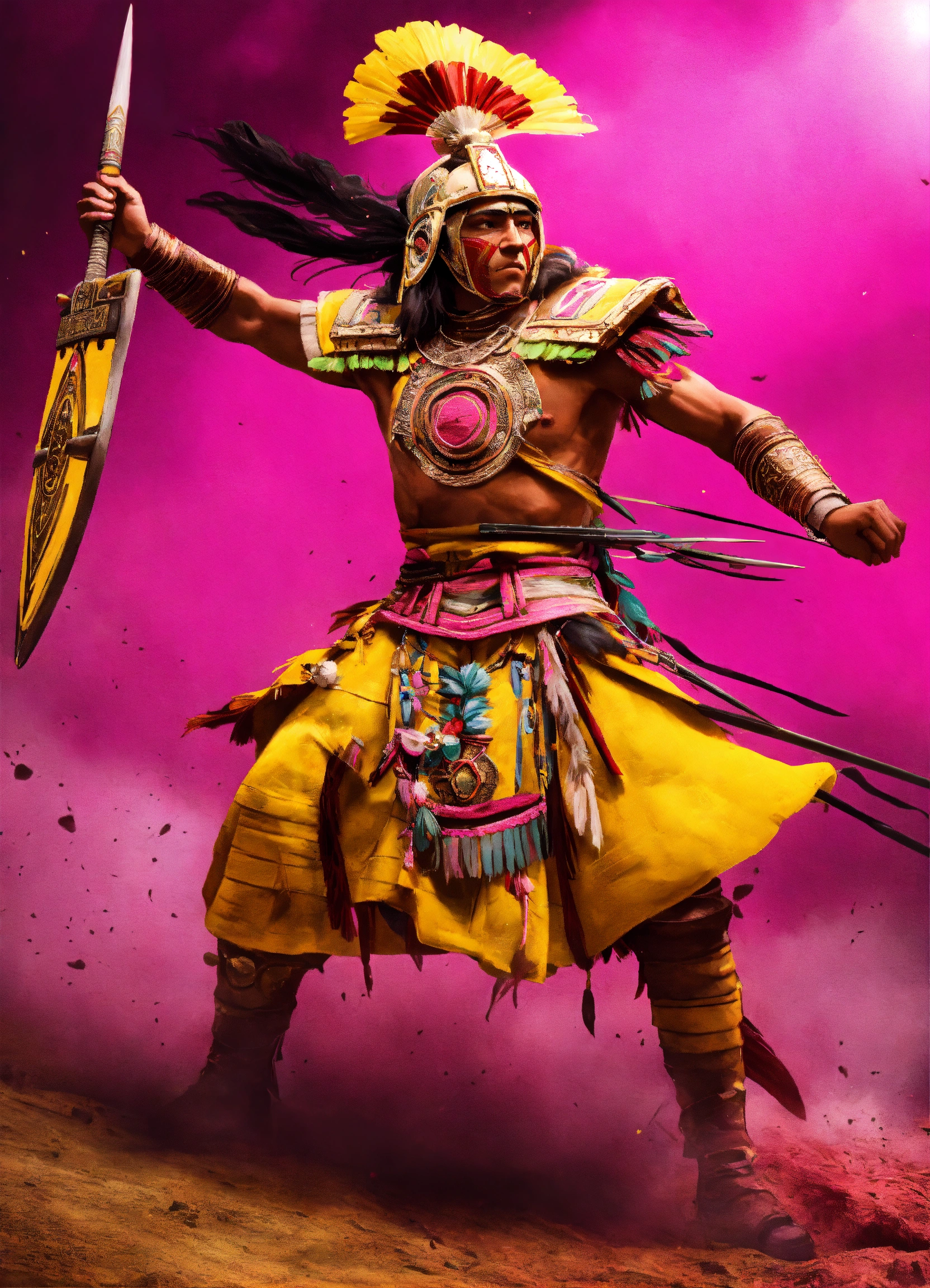Lexica - An aztec priest warrior in yellow and pink fighting ...