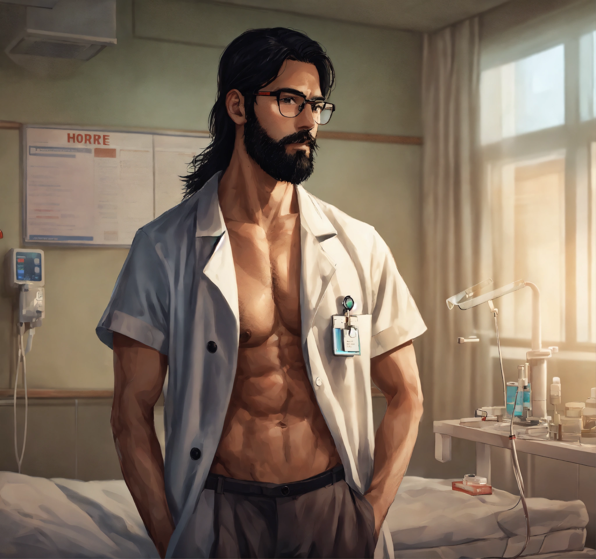 Lexica - Hospital nurse man with black long hair, and thin beard with ...
