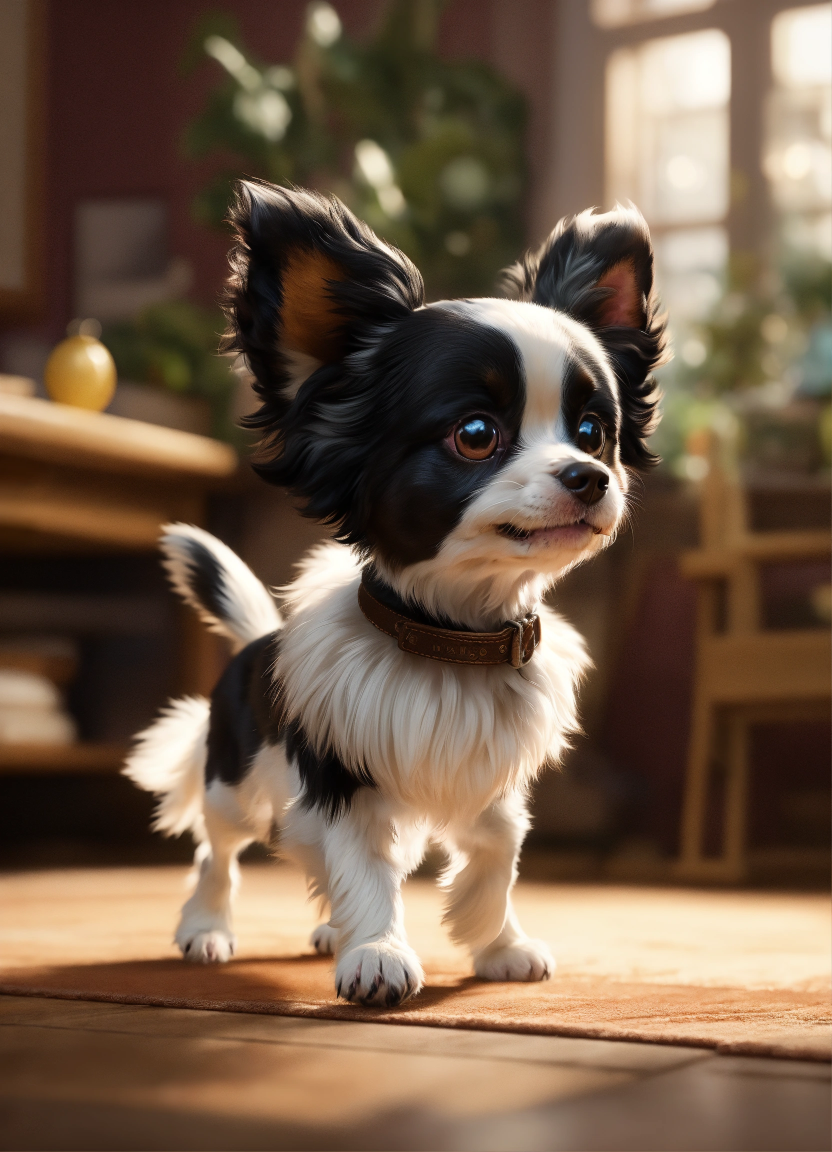 Lexica - Toy art cute black white Papillion dog running barking , Pixar ...