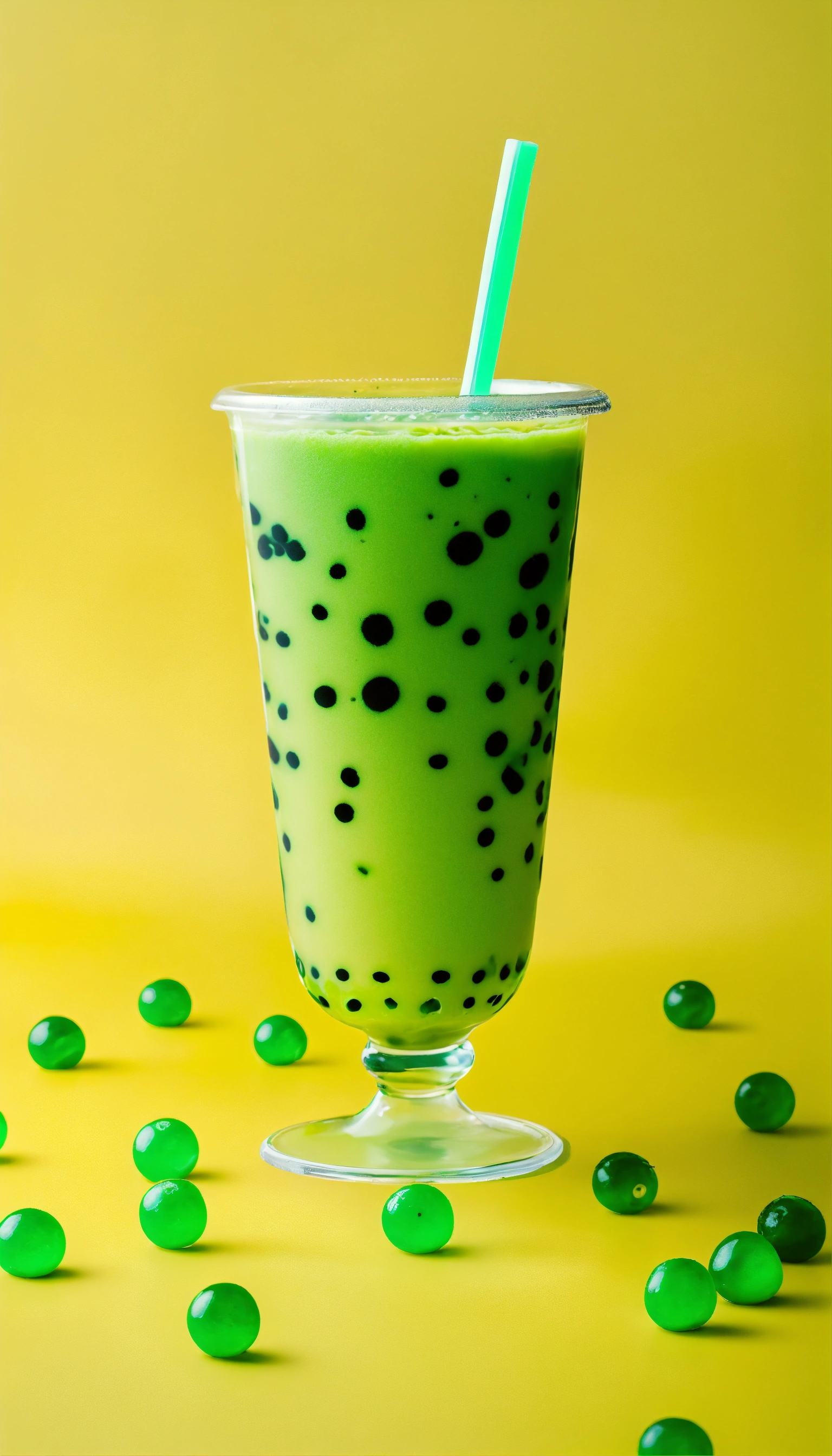Lexica - Floating green boba tea. A lot of bobas. Stickers on cup ...