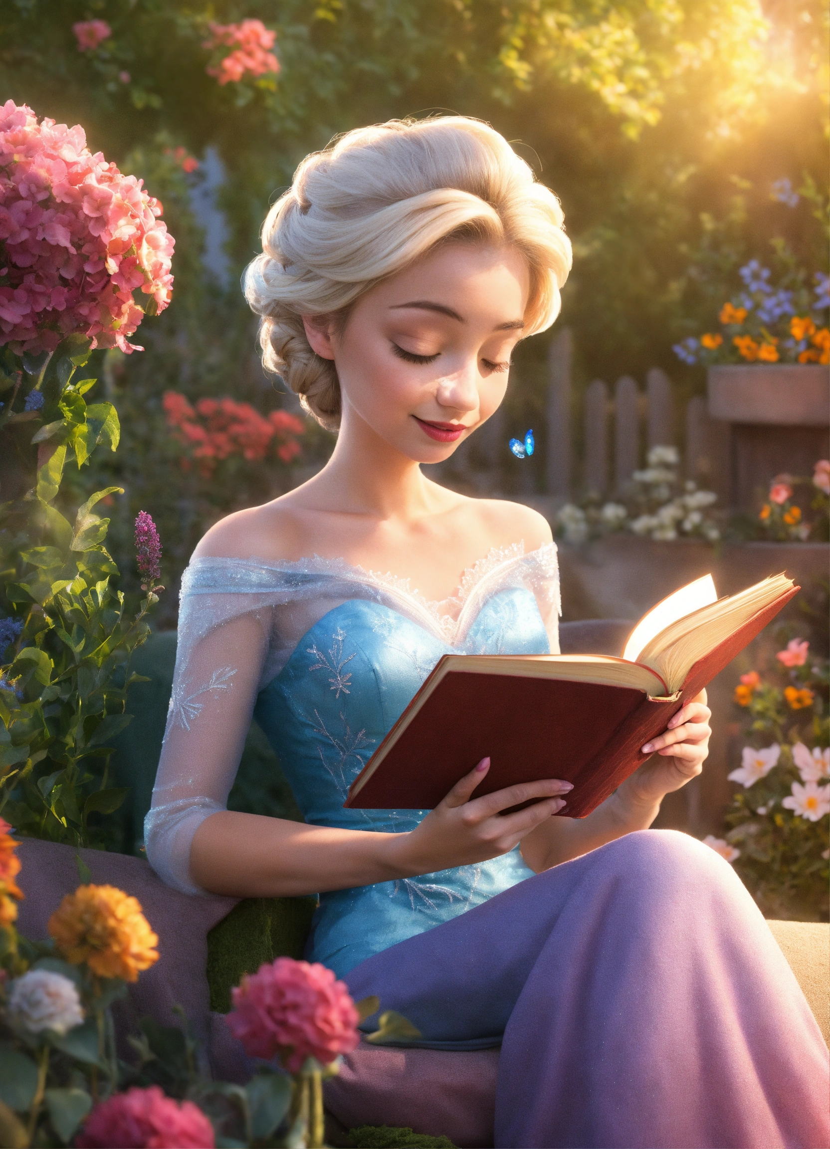 Lexica - Elsa reads a book in the garden