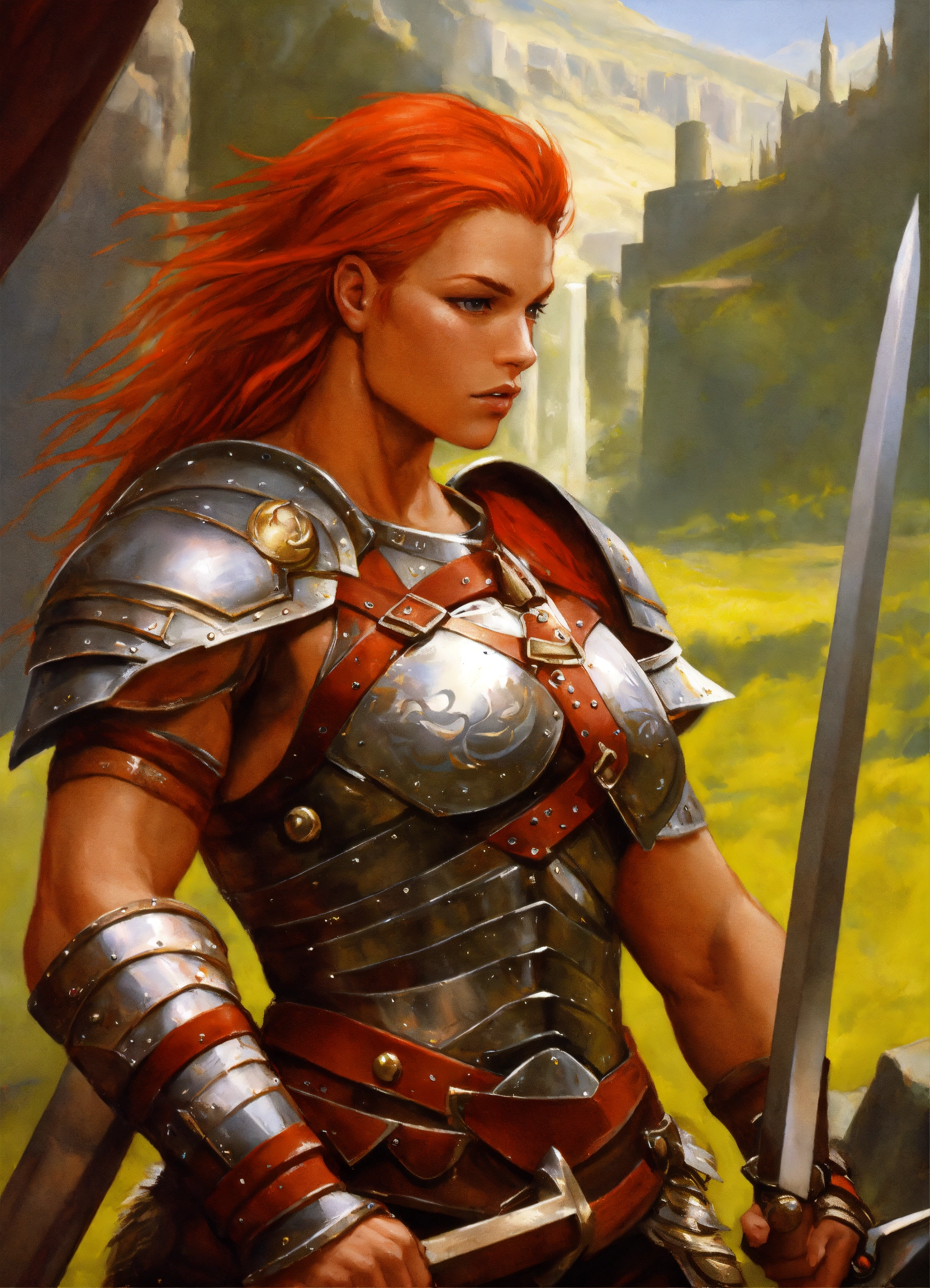 Lexica - Fantasy art, Keith Parkinson, female, red hair, shaved on one ...