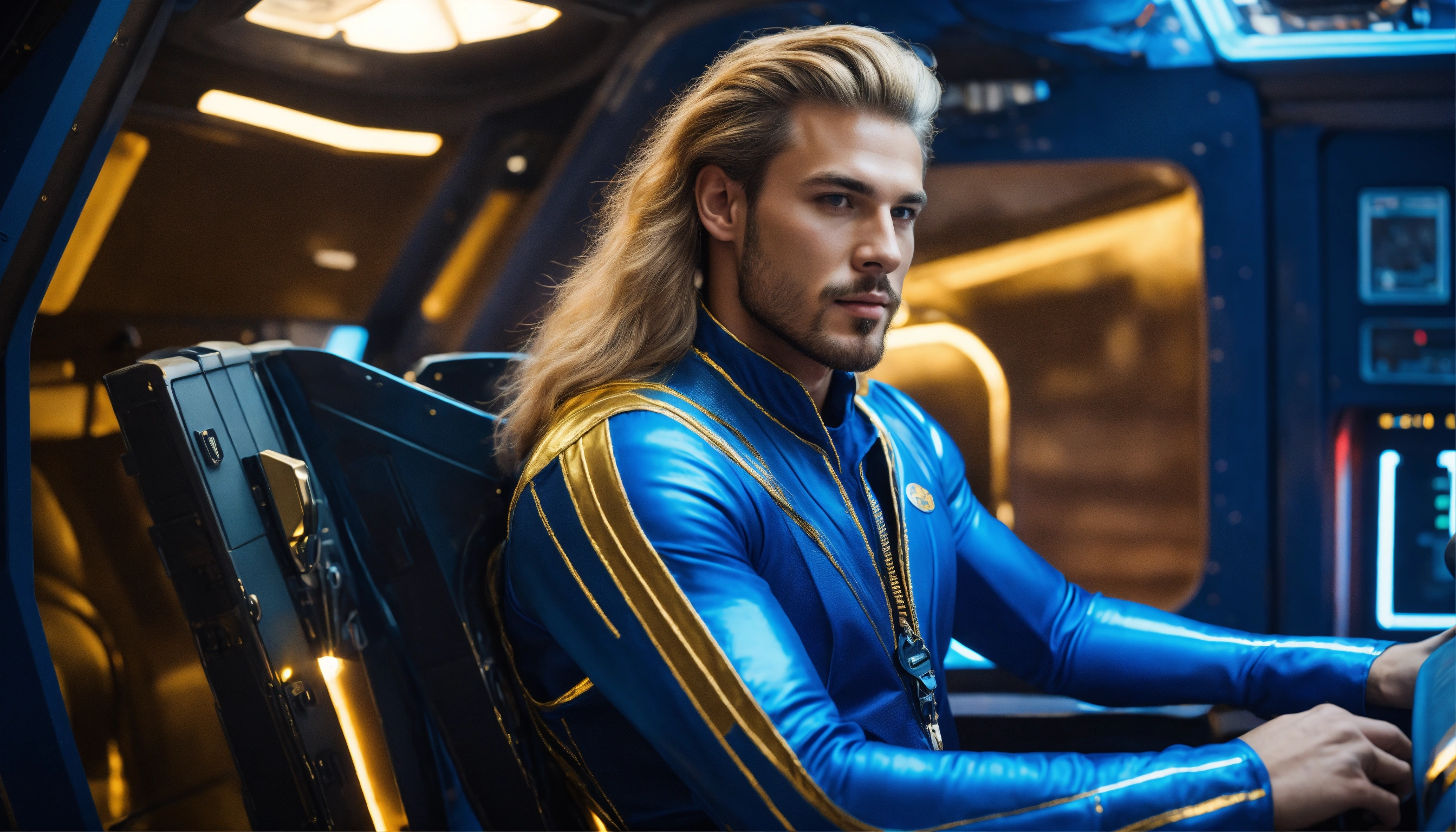 Lexica - Handsome galactic man in blue and gold jumpsuit, long light ...